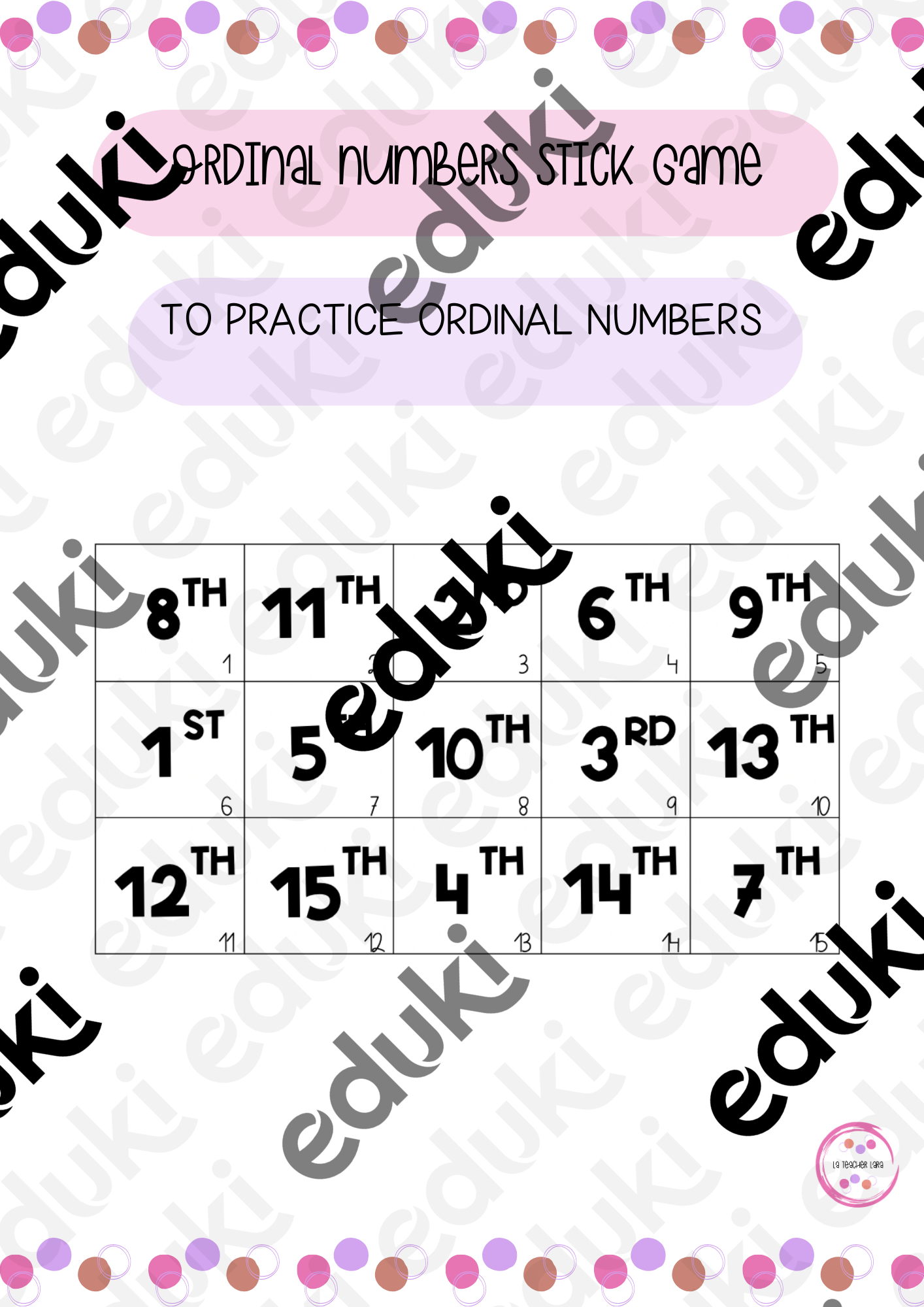 ORDINAL NUMBERS STICK GAME – Unterrichtsmaterial im Fach Englisch