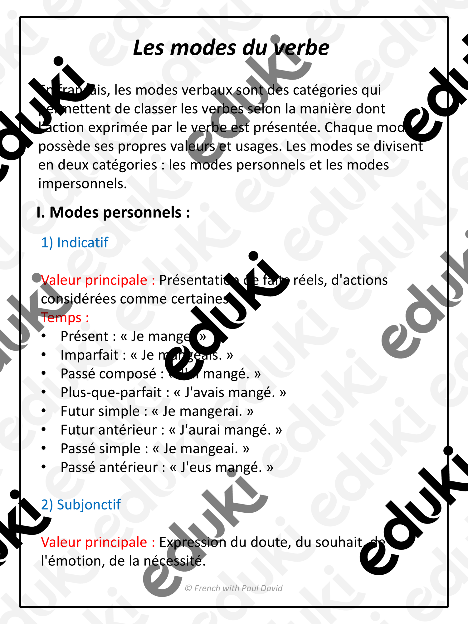 Les modes du verbe - Explications et exercices corrigés - Ressource ...