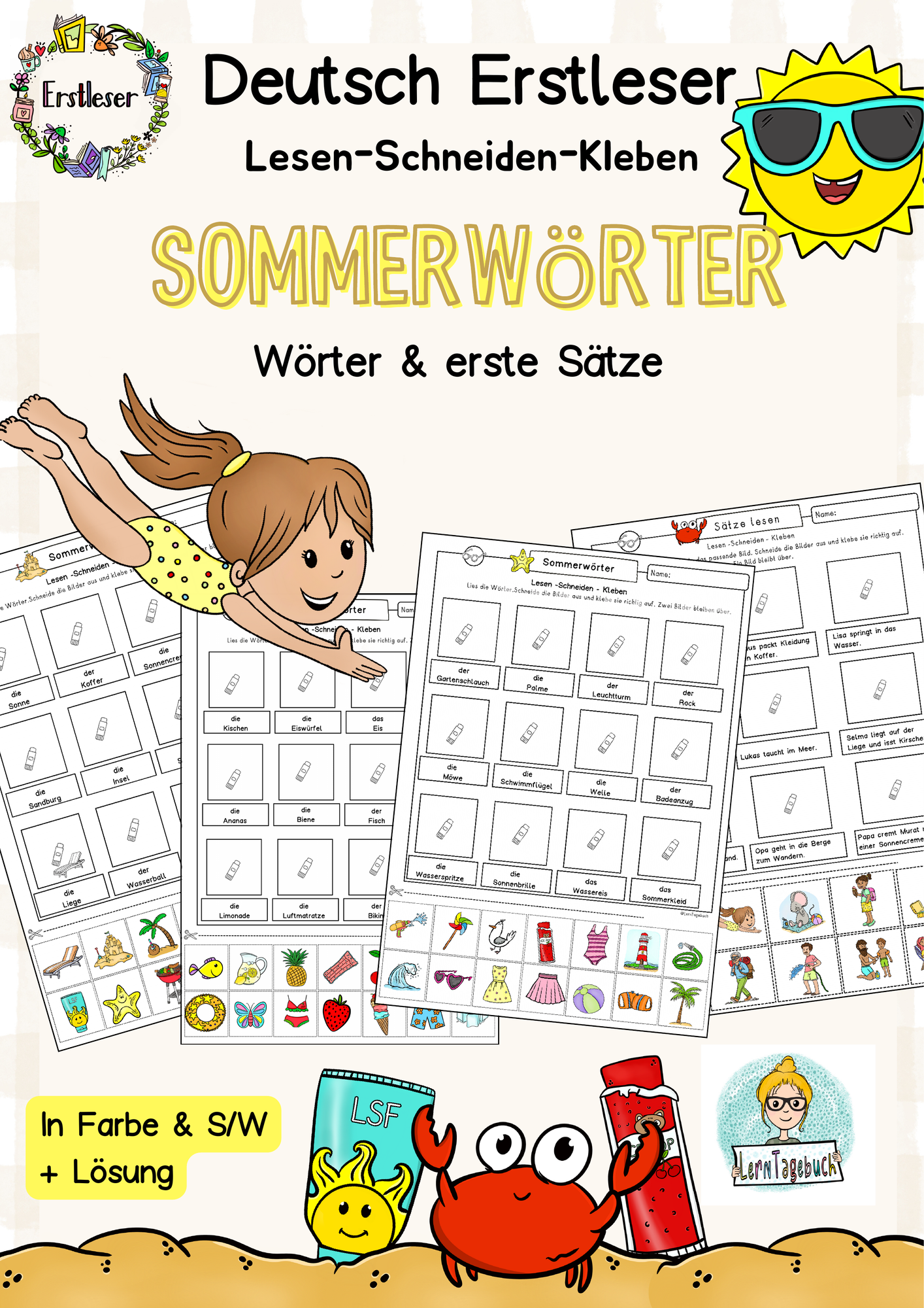 Sommer Lesen und kleben Wortschatz 1.Klasse, DaZ Leseübung ...