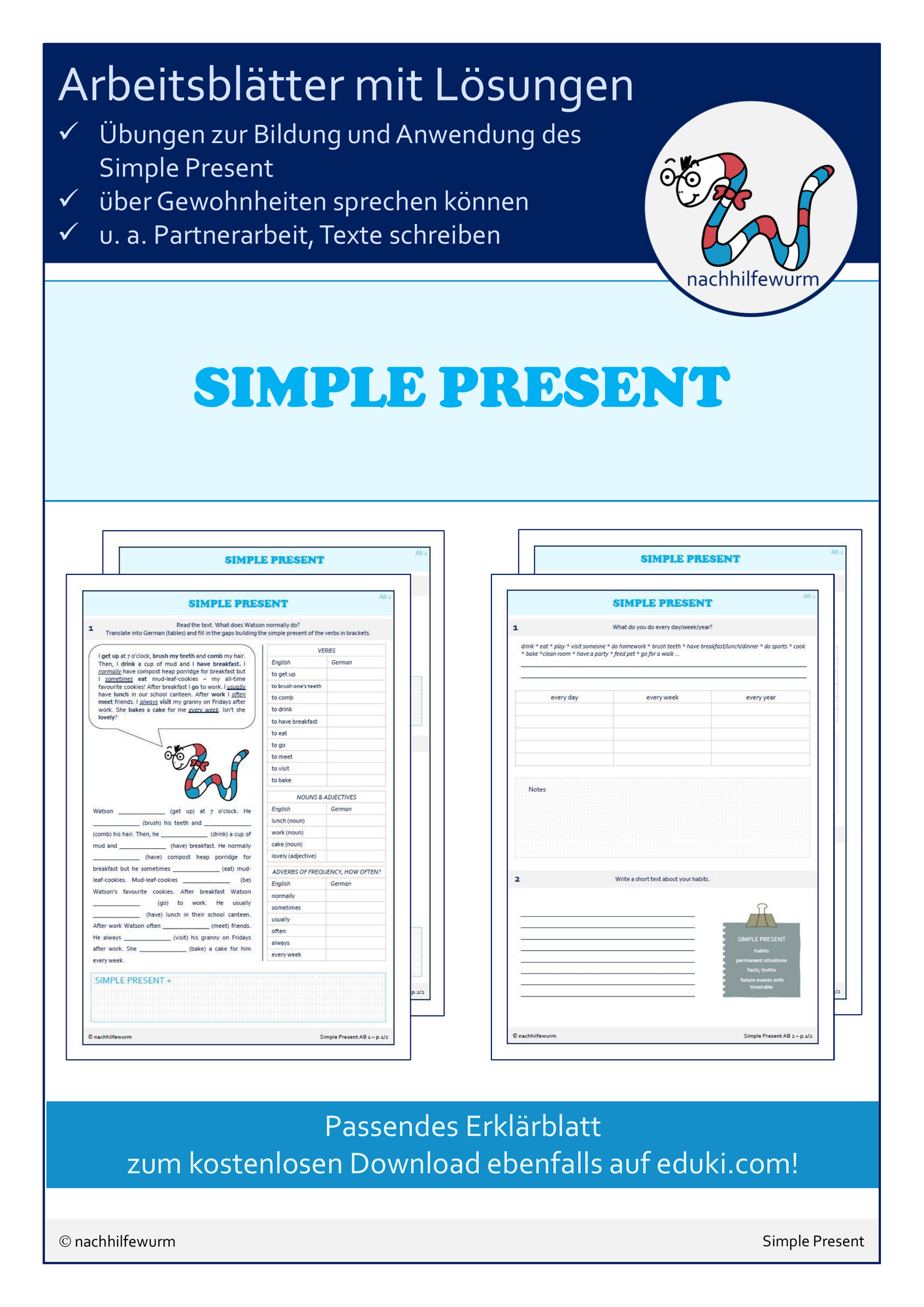Das Simple Present | Arbeitsblätter mit Lösungen – Unterrichtsmaterial ...