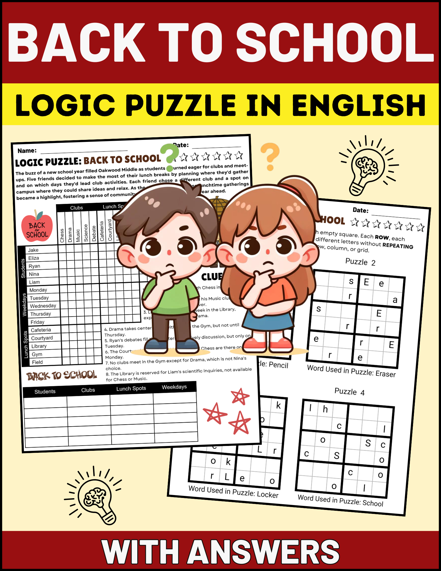 Back to school Activities logic puzzle and Word Sudoku with Answers ...