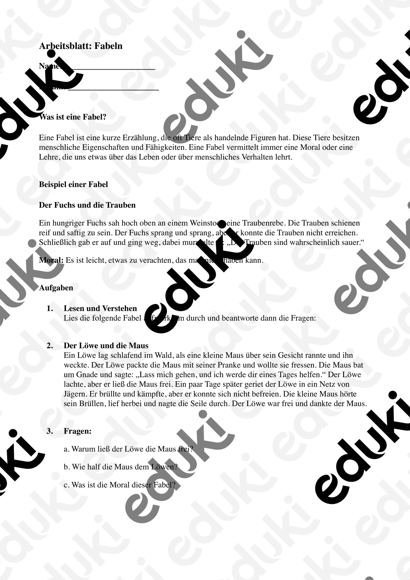 Fabeln 1 Arbeitsblatt – Unterrichtsmaterial im Fach Deutsch