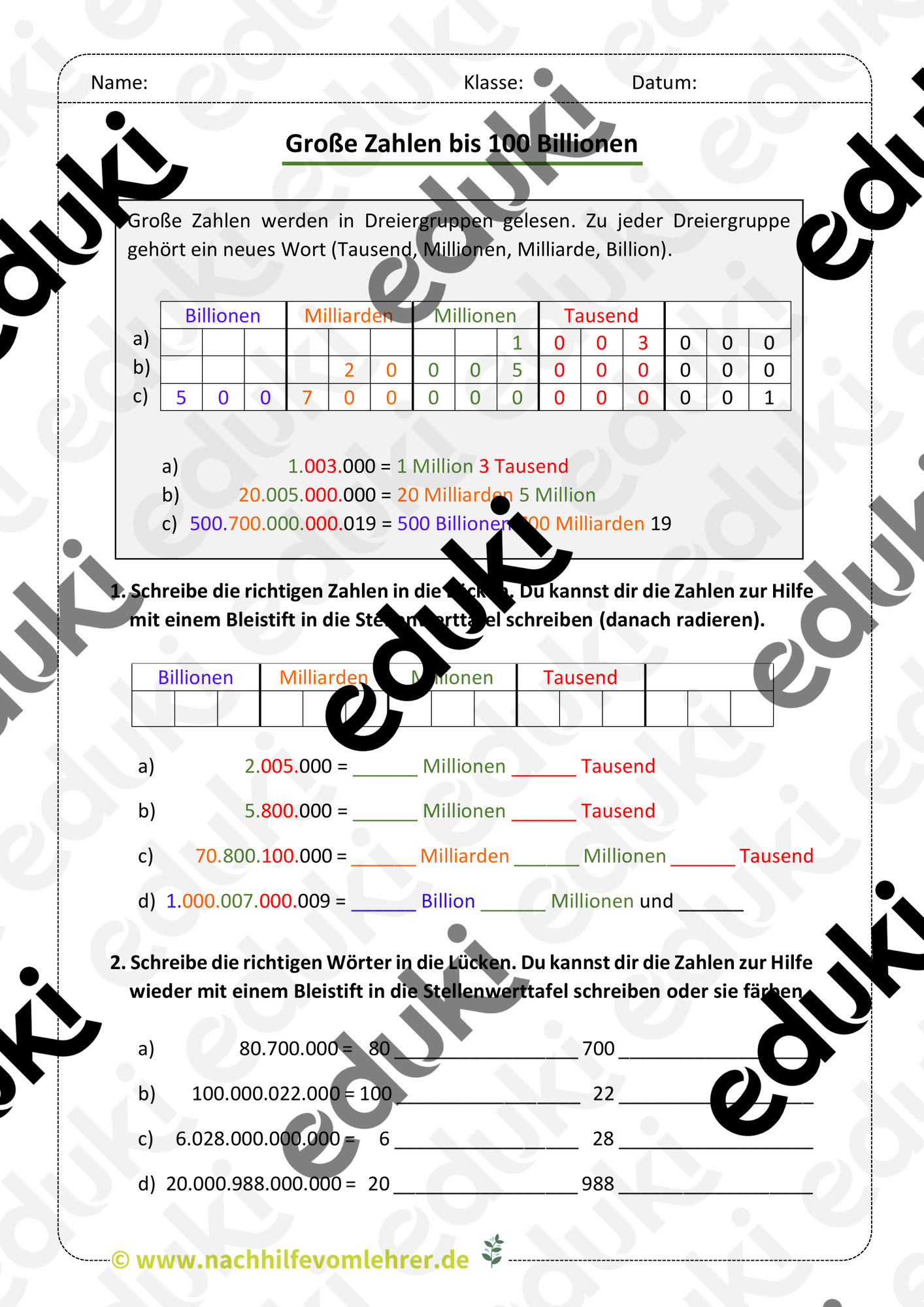 Große Zahlen lesen und schreiben – Unterrichtsmaterial im Fach Mathematik