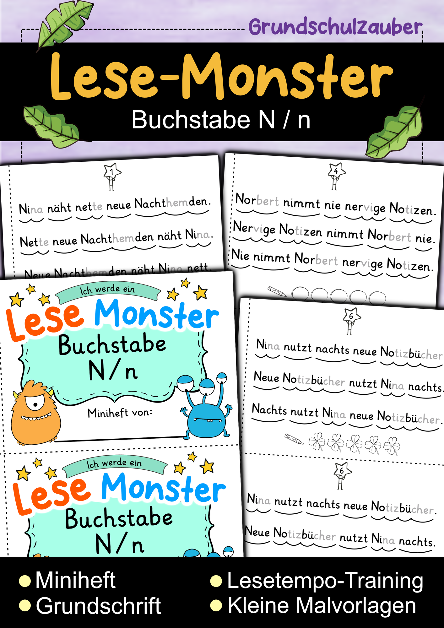 Lese-Monster Miniheft | Buchstabe N | Lesetempotraining | Lesen lernen ...