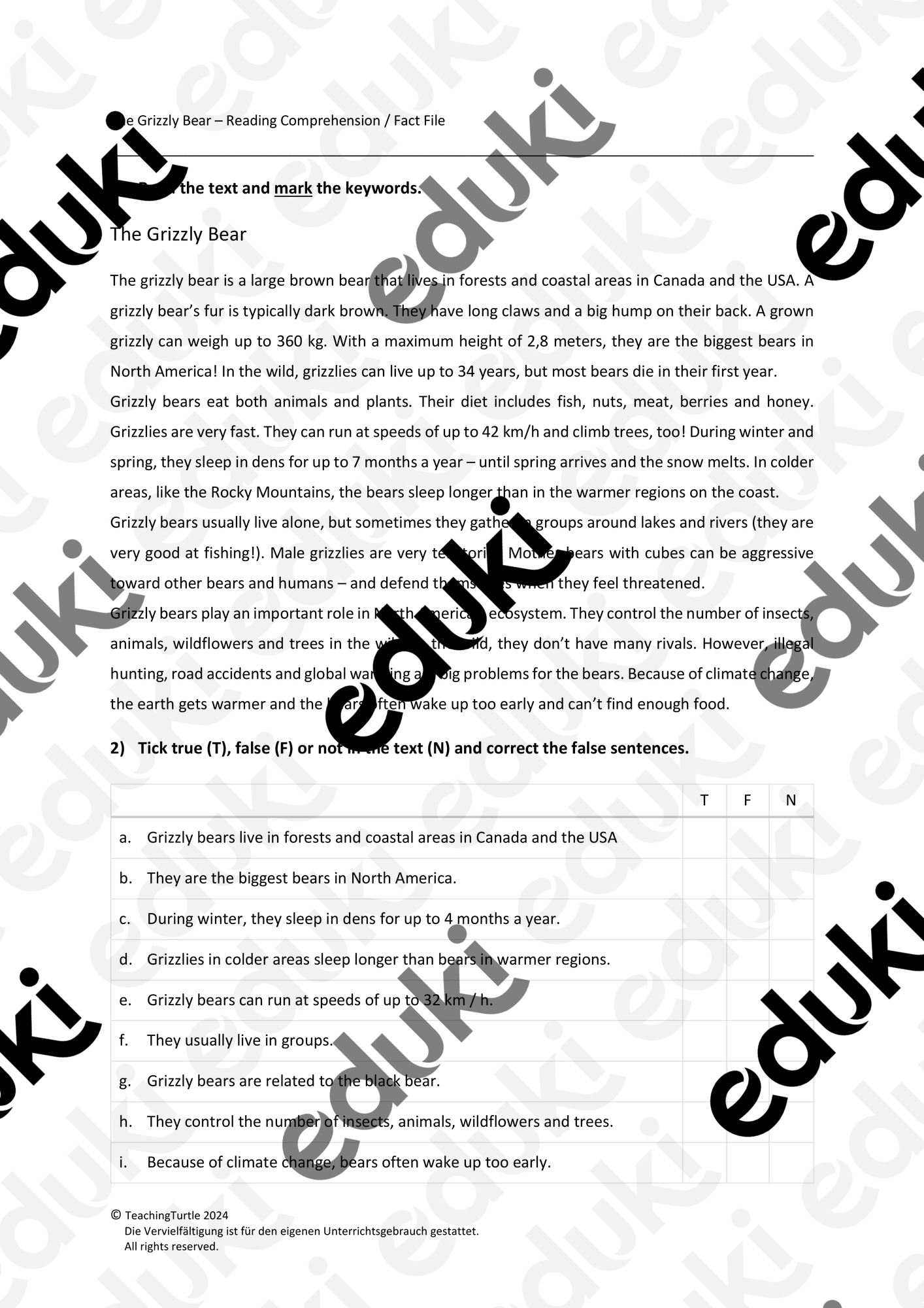 Arbeitsblatt "The Grizzly Bear" – Reading Comprehension / Fact File ...