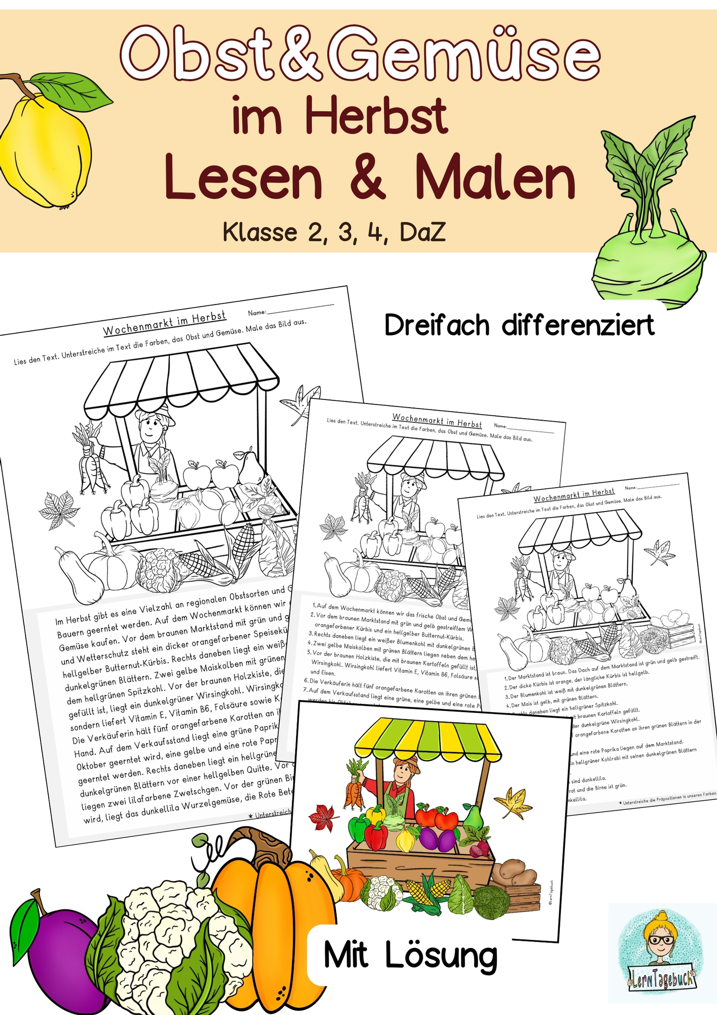 Lesen und Malen Herbst Obst und Gemüse Klasse 2, 3, 4, DaZ Leseaufgabe ...