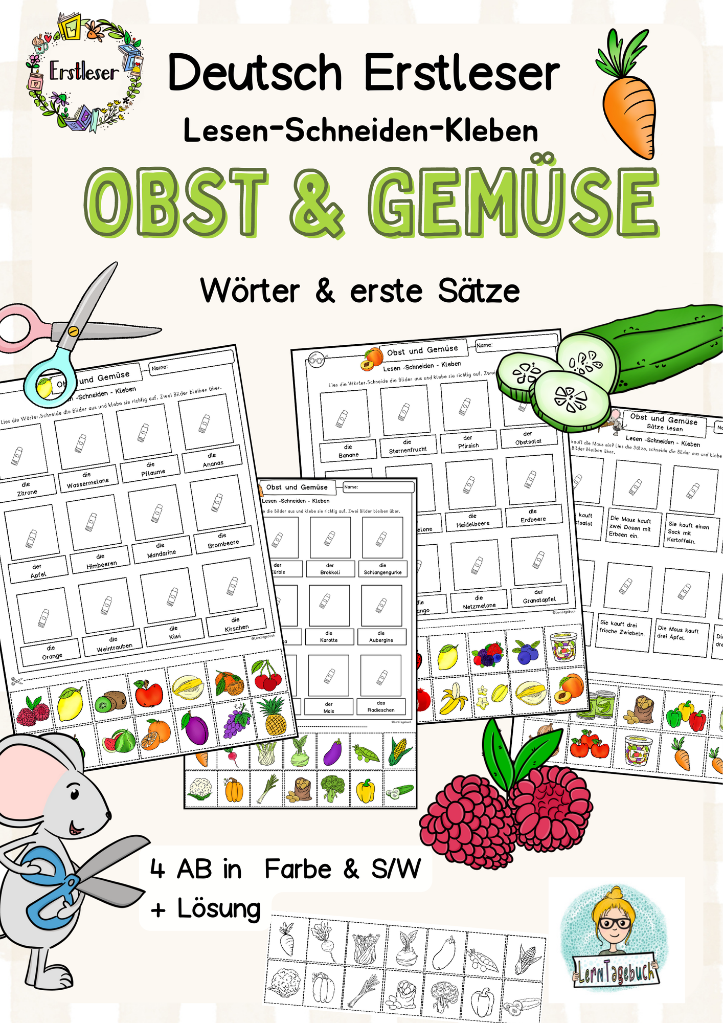 Lesen und kleben Obst und Gemüse, Lesetraining, Klasse 1, Klasse 2, DaZ ...