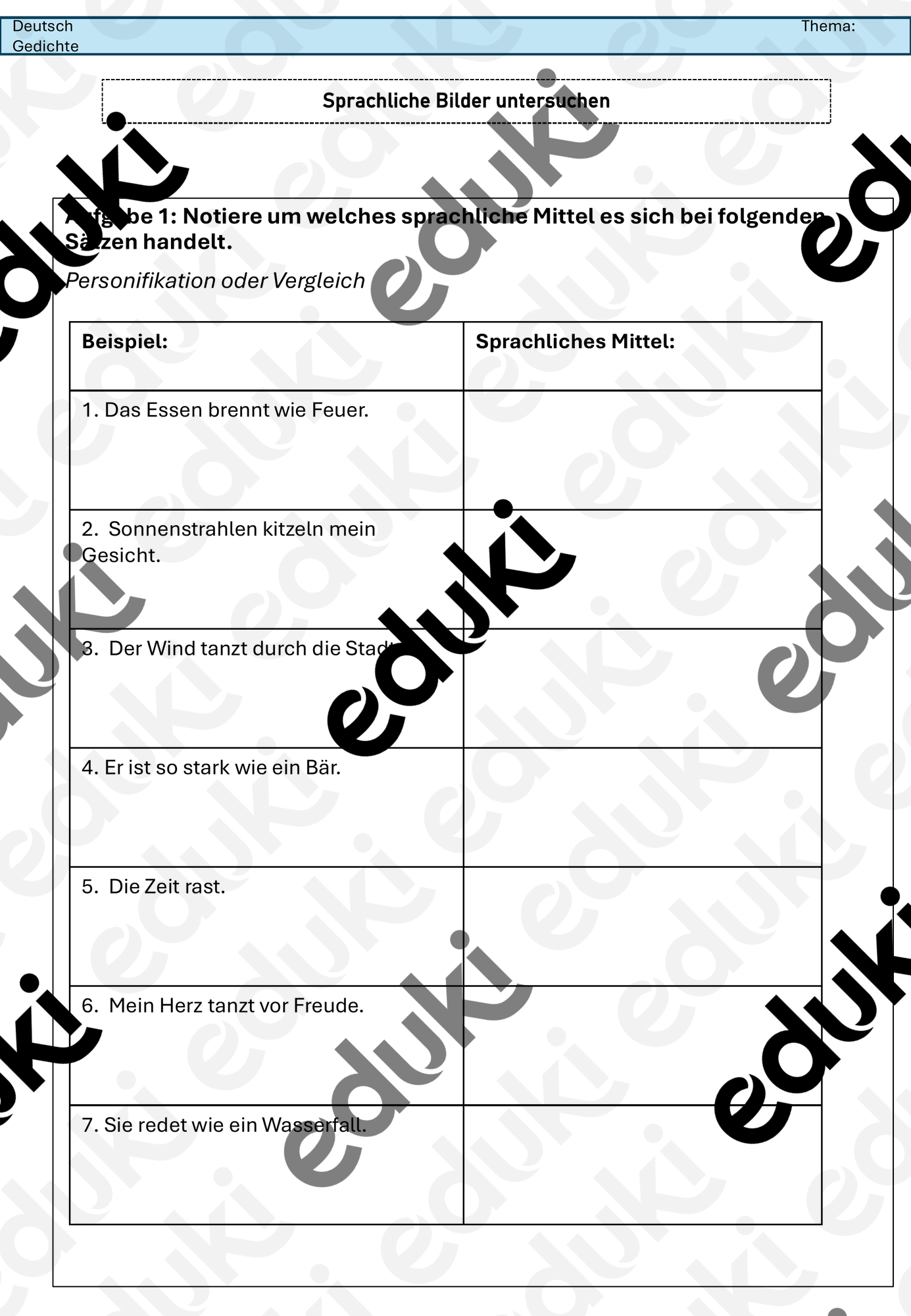 Sprachliche Bilder untersuchen – Unterrichtsmaterial im Fach Deutsch