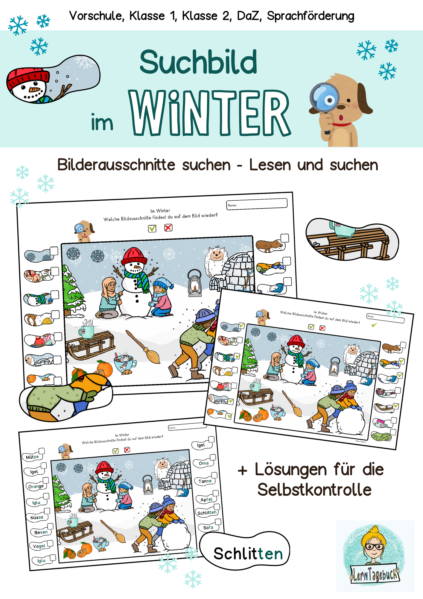 Winter Suchbild, Wimmelbild, Bilder suchen (Vorschule, Klasse 1, 2, DaZ ...