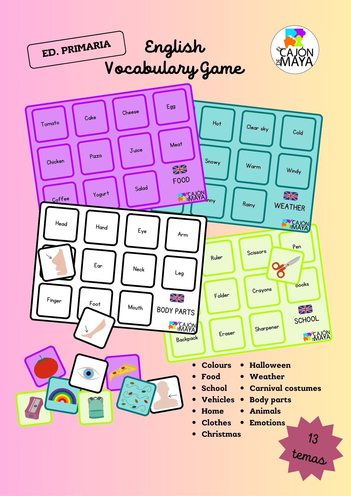 Juego de vocabulario en inglés (13 temas) - material de la siguiente ...