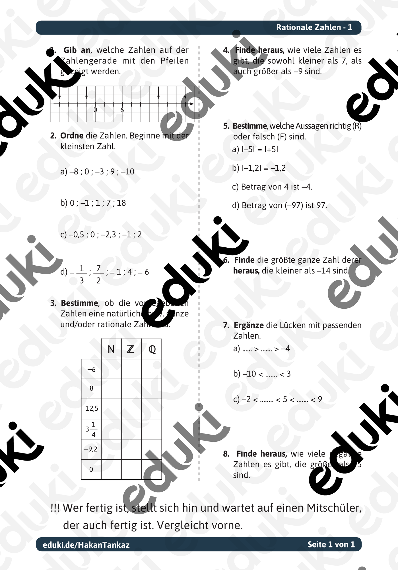 Rationale Zahlen 1 – Unterrichtsmaterial im Fach Mathematik