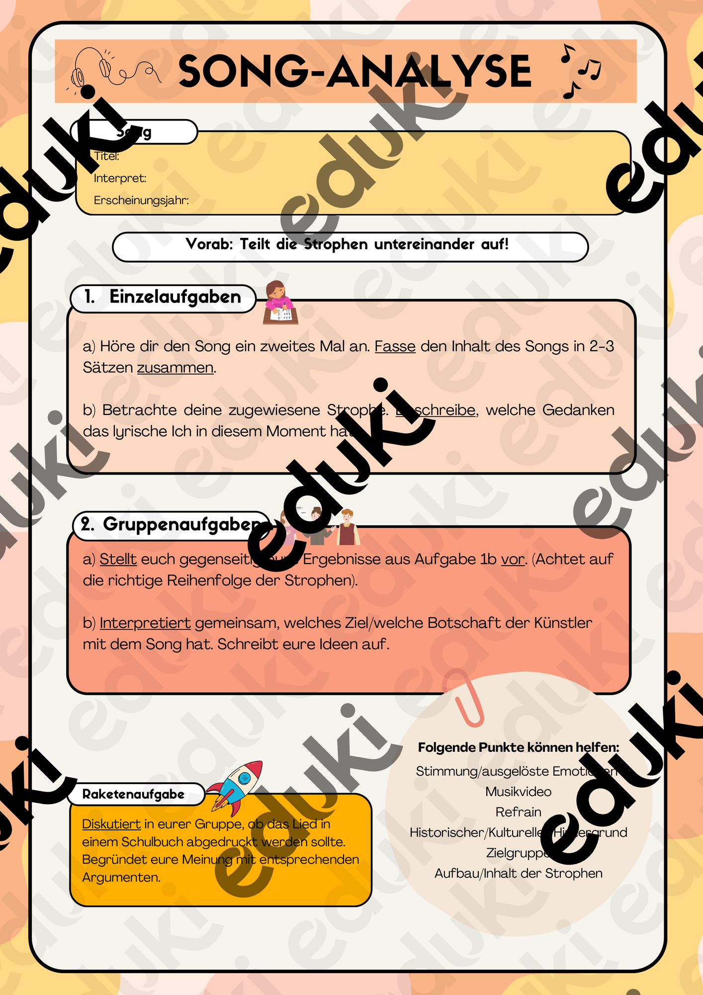 Songanalyse zu beliebigen Songs_Arbeitsblätter – Unterrichtsmaterial in ...