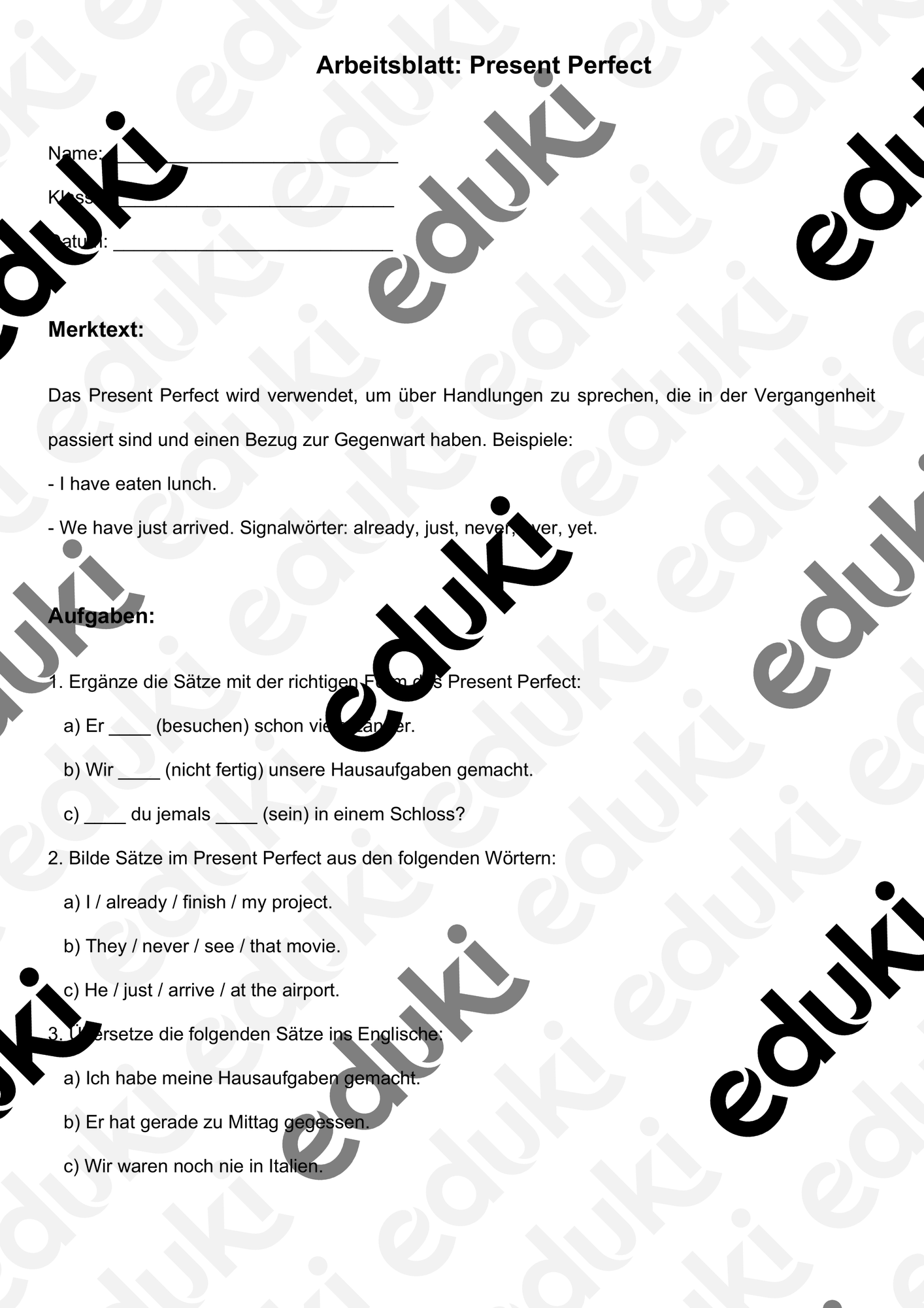 Arbeitsblatt Present Perfect Englisch – Unterrichtsmaterial im Fach ...