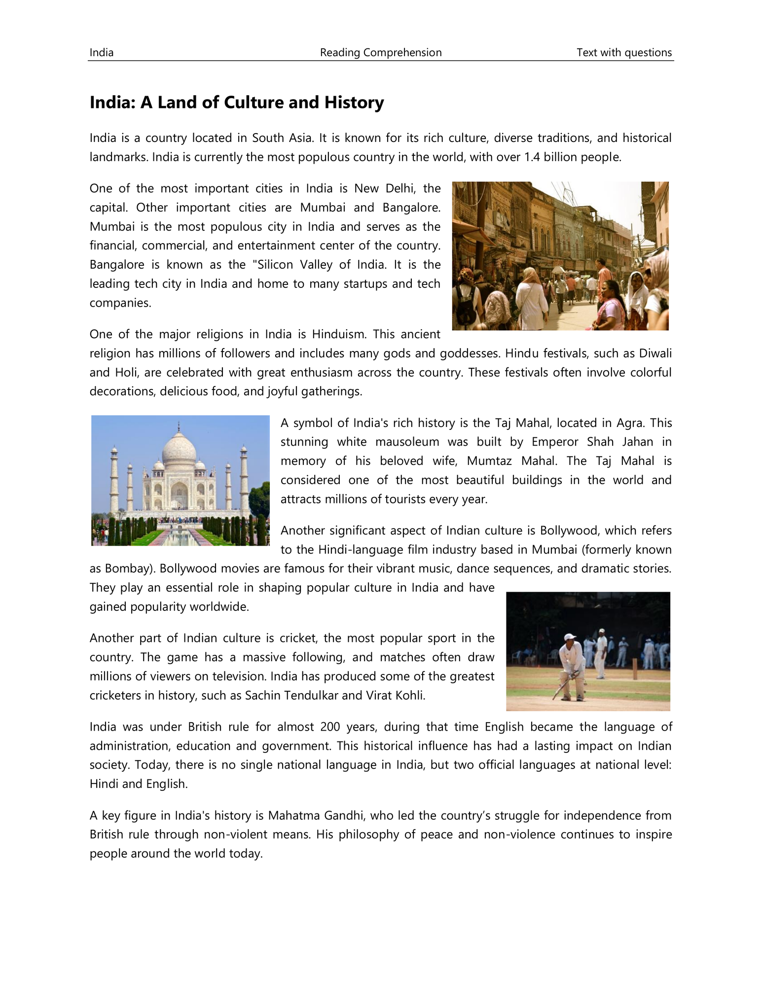 India – Text with questions – Unterrichtsmaterial im Fach Englisch