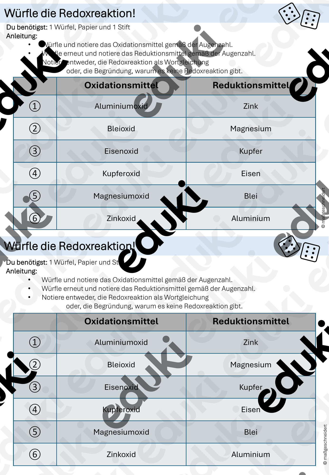 Würfle die Redoxreaktion – Unterrichtsmaterial im Fach Chemie