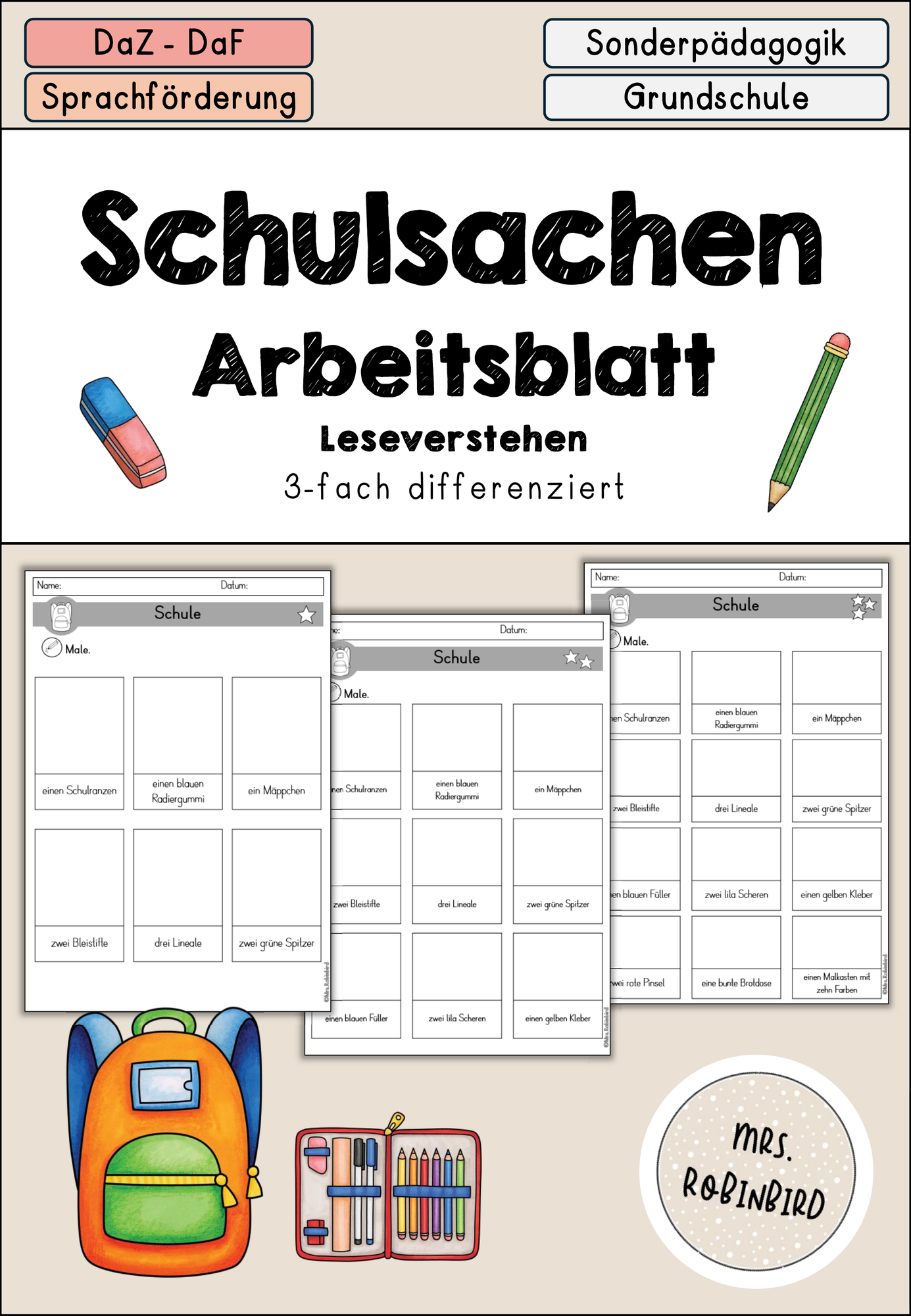 Schulsachen Schule Arbeitsblatt Leseverstehen differenziert - DaZ DaF ...