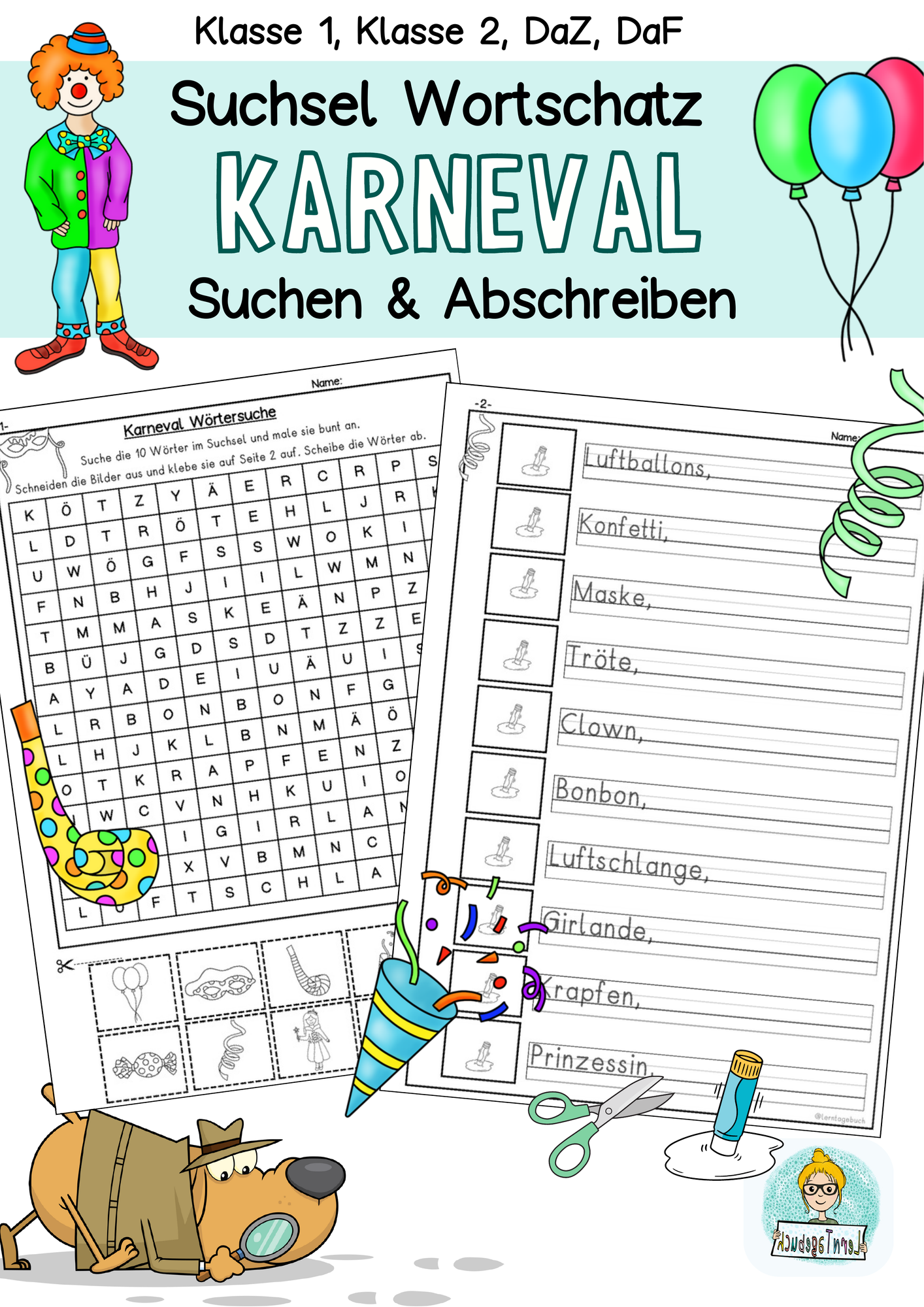 Suchsel Karneval, Fasching – Wörter suchen Klasse 1, 2, DaZ, DaF ...