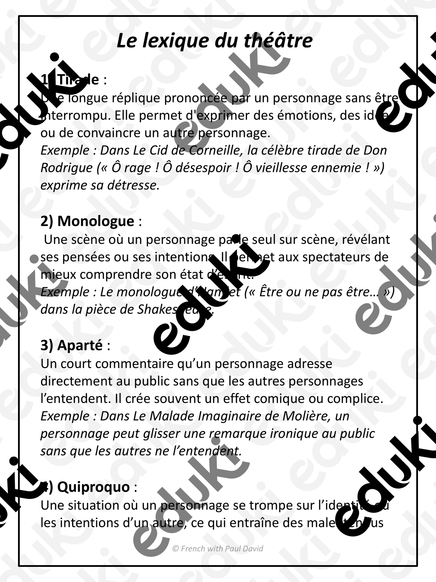 Le lexique du théâtre - Explications et exercices corrigés - Ressource ...