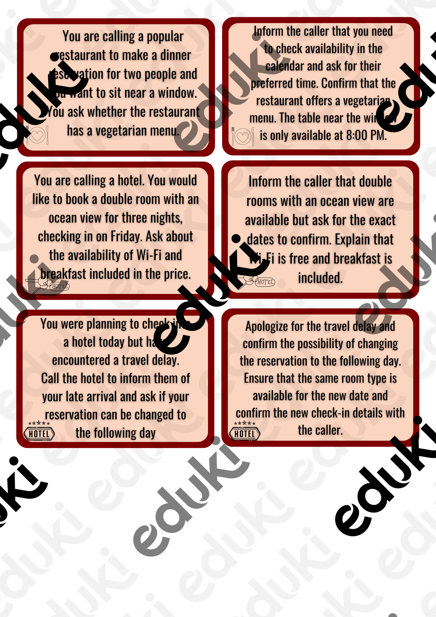Speaking Cards Level B1- Restaurants and Hotels – Unterrichtsmaterial im Fach Englisch