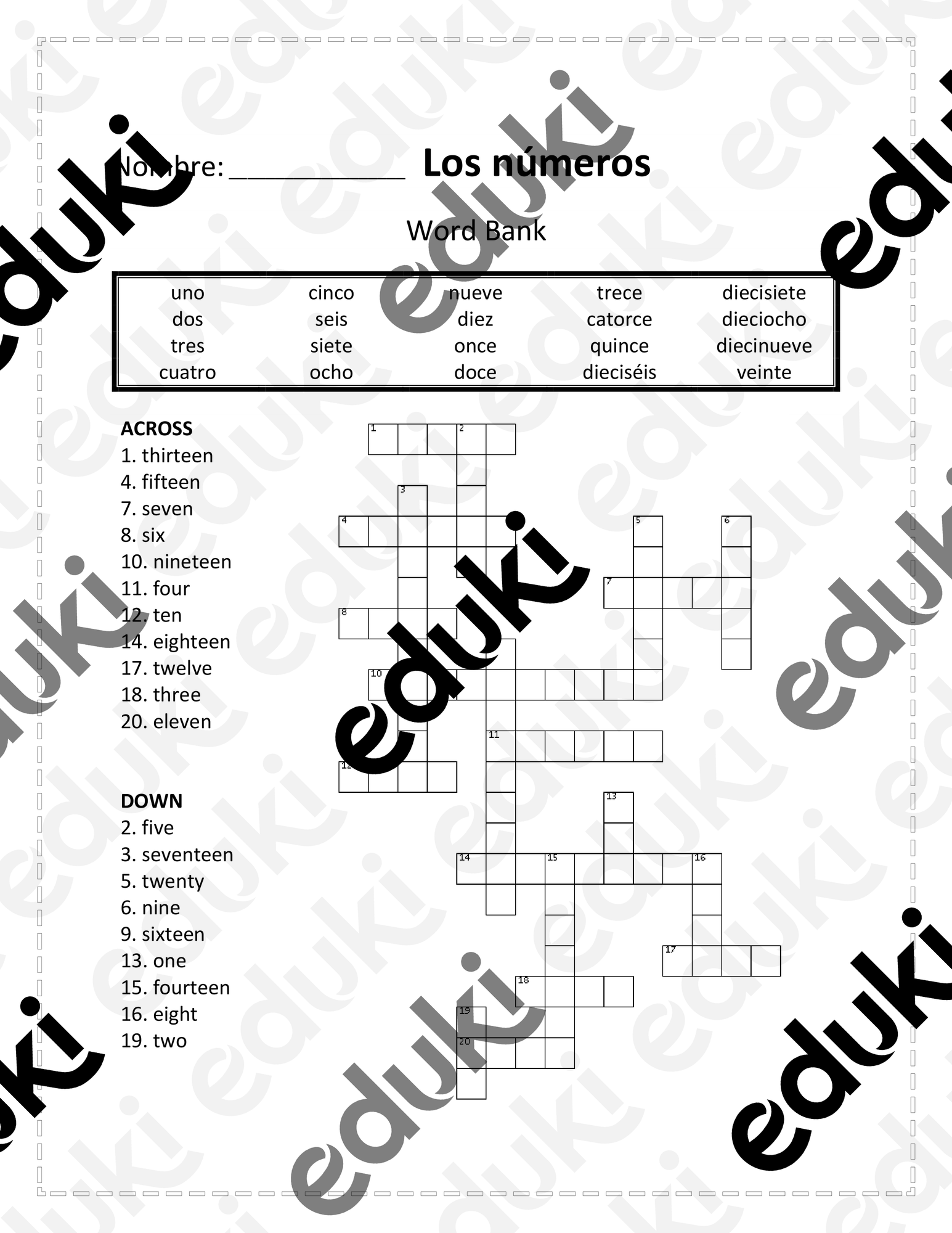 Crucigrama de números del 1 al 20 Inglés/Español - material de la ...