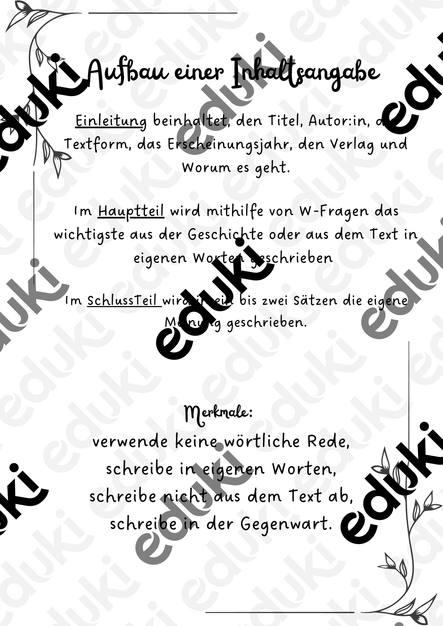 Aufbau einer Inhaltsangabe/ Merkblatt/ Druckvorlage ...