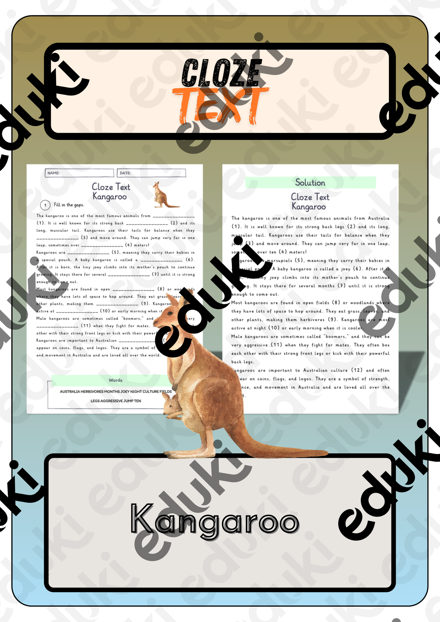 Cloze text - Kangaroo + Solutions – Unterrichtsmaterial im Fach Englisch