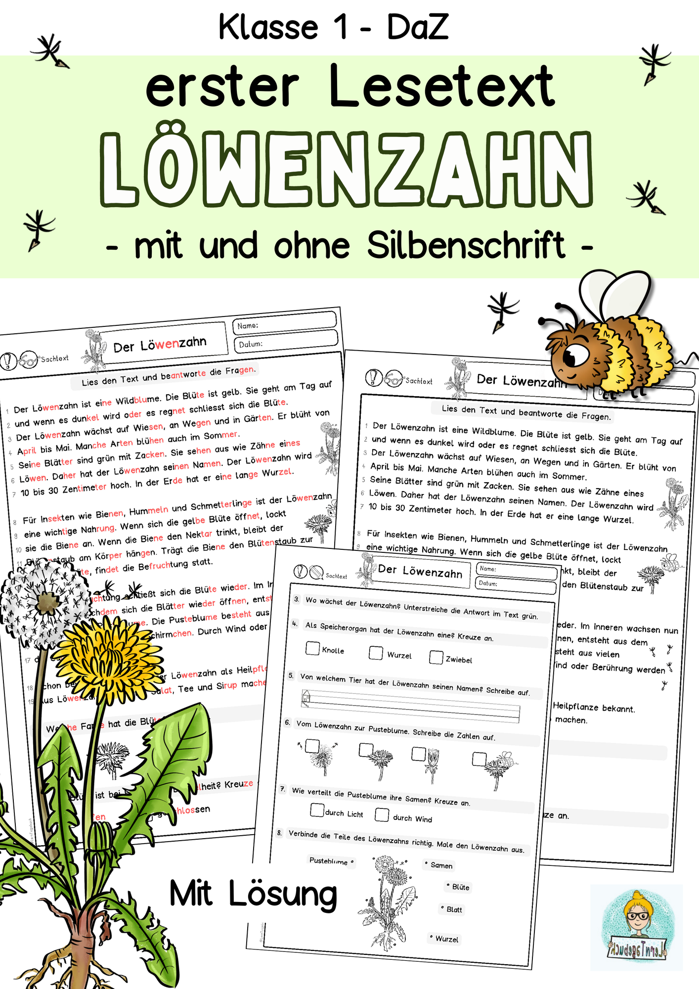 Lesetext 1. Klasse ,DaZ, Löwenzahn, Leseverstehen – Unterrichtsmaterial ...