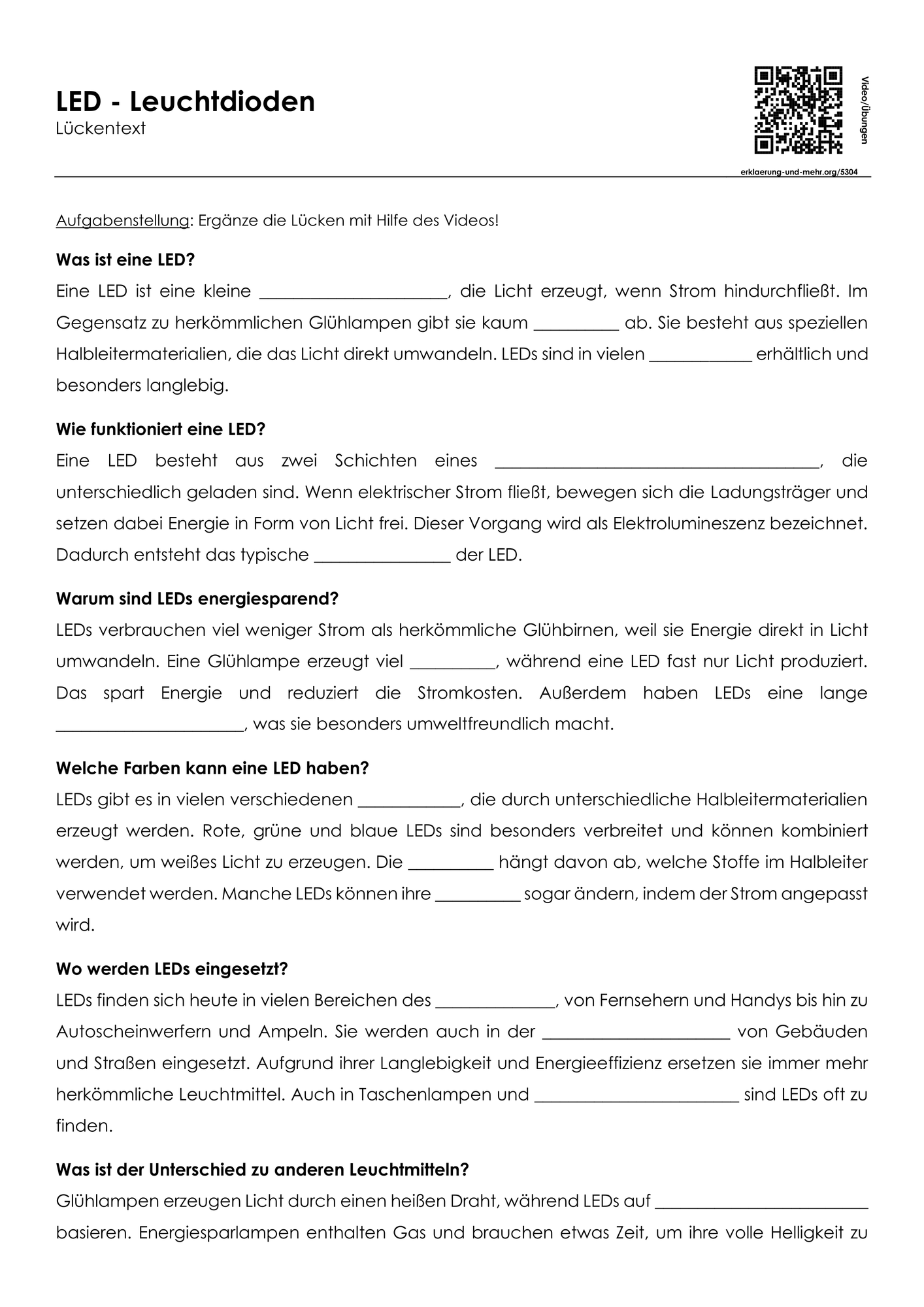 LED - Leuchtdioden (Lückentext und Übungen) – Unterrichtsmaterial im ...
