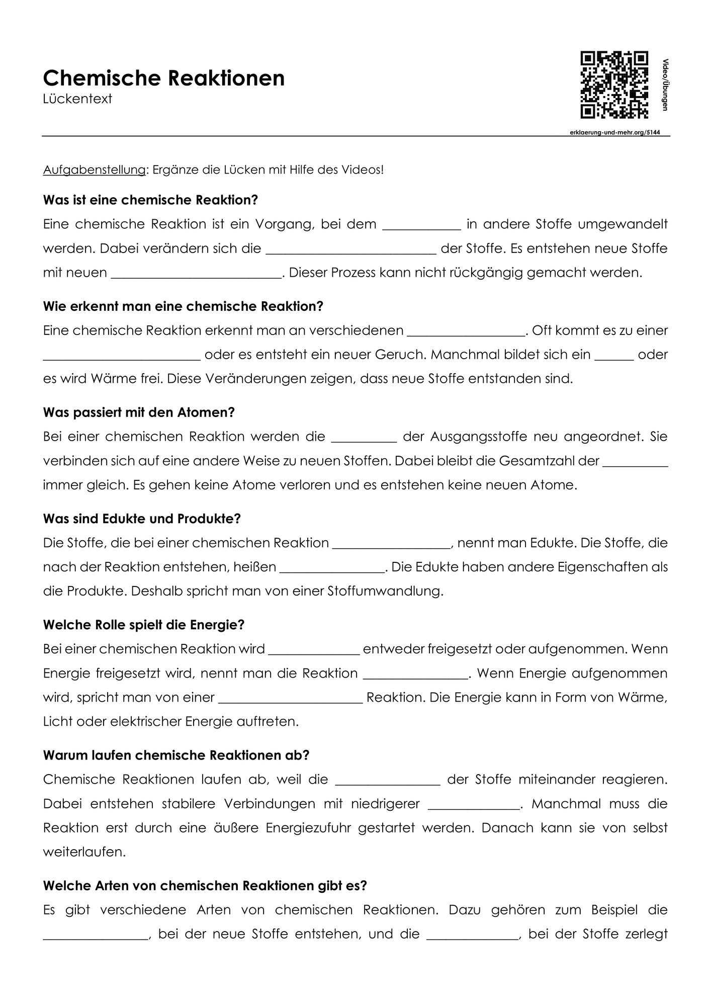 Chemische Reaktionen (Lückentext und Übungen) – Unterrichtsmaterial im ...