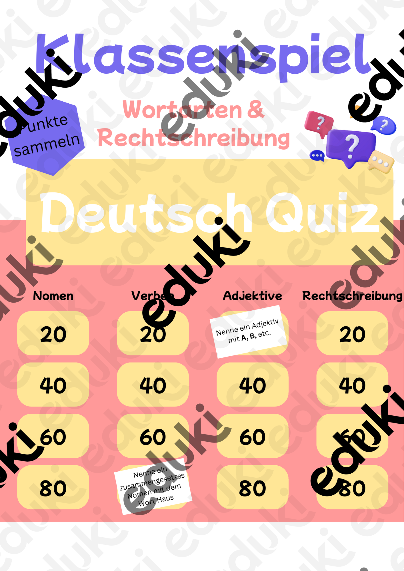 Deutsch Quiz Spiel Rechtschreibung und Wortarten Grundschule ...