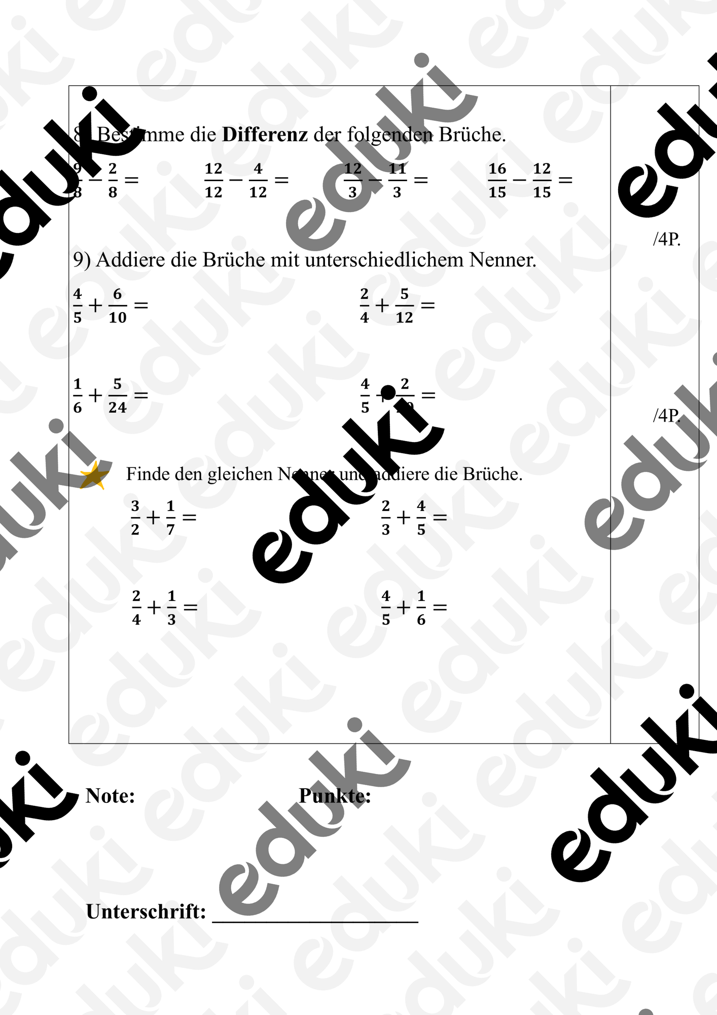 Mathe Klassenarbeit zum Thema Brüche – Unterrichtsmaterial im Fach ...