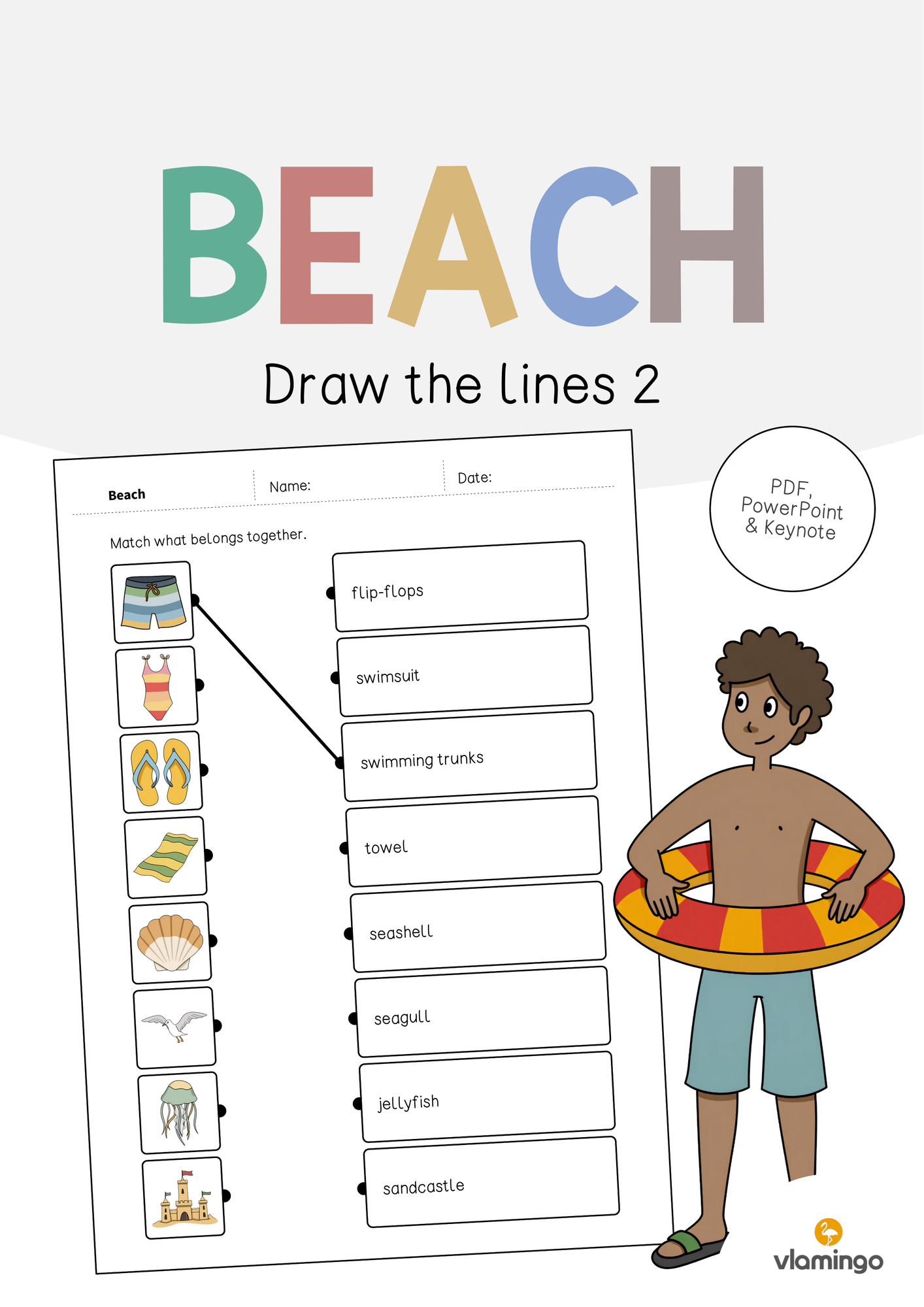 Beach / Playa: Draw the lines 2 (Hoja de trabajo de inglés) - material ...