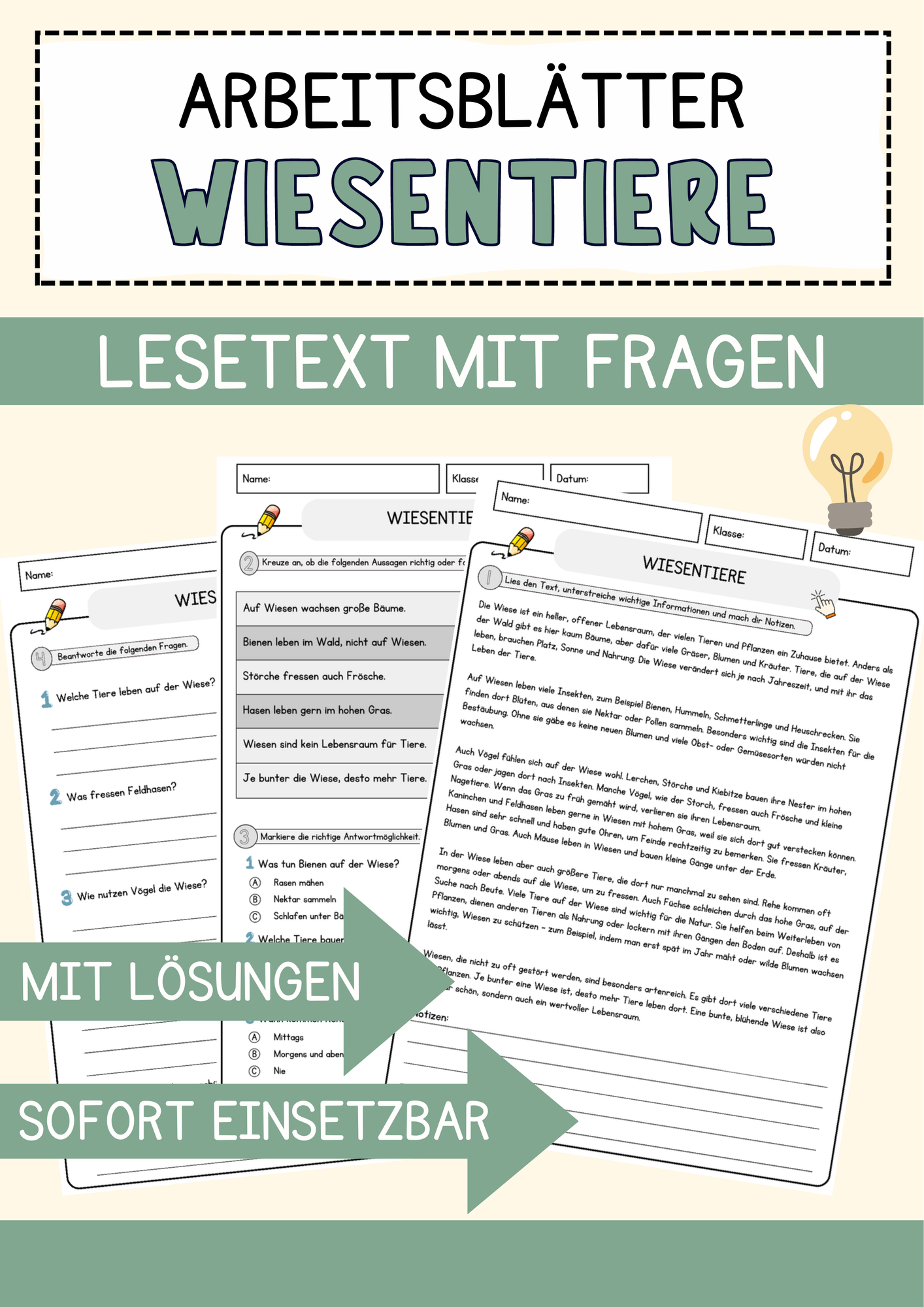Wiesentiere Arbeitsblätter mit Fragen + Lösungen Tiere AB ...