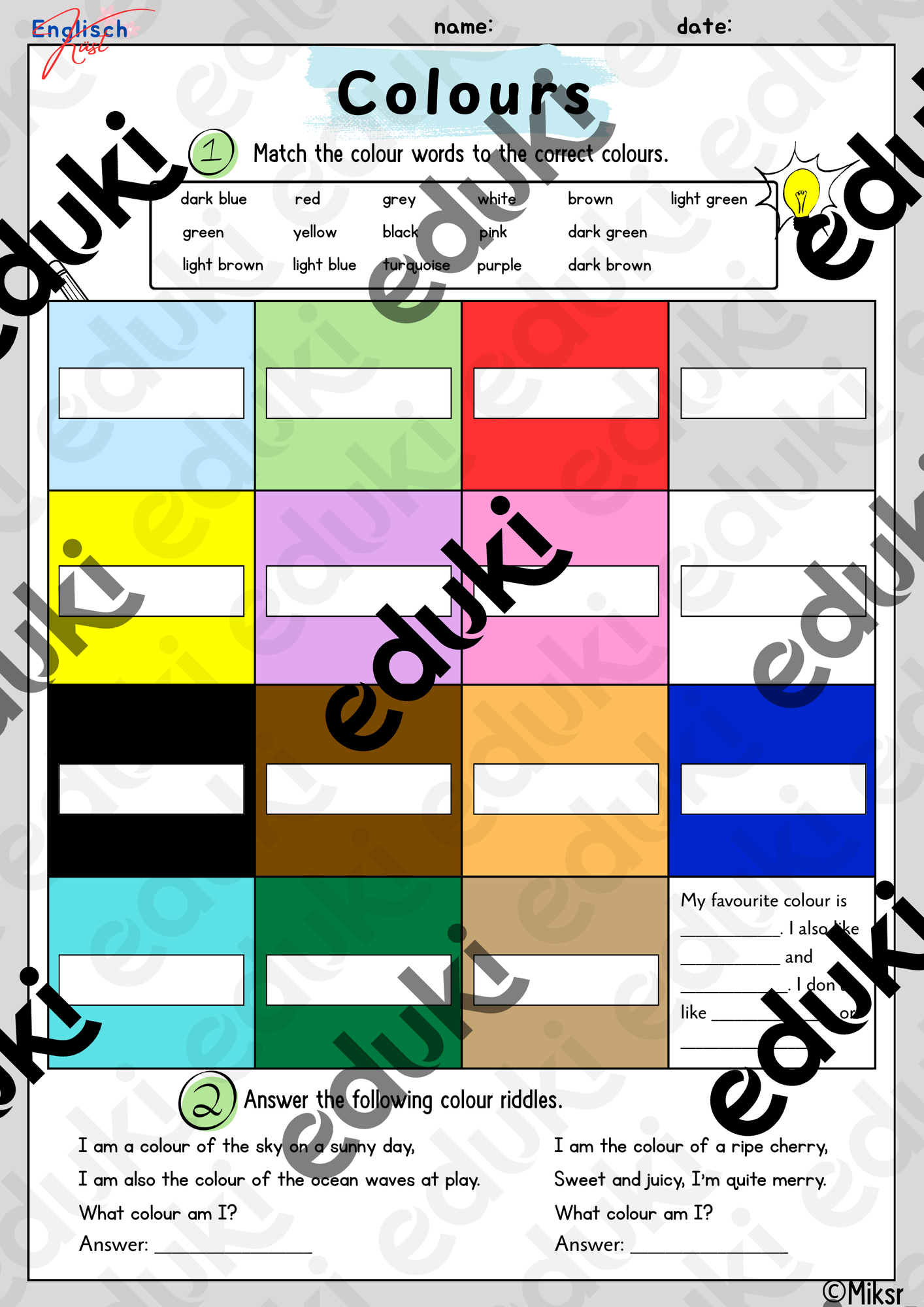 Colours exploration worksheet – Unterrichtsmaterial im Fach Englisch