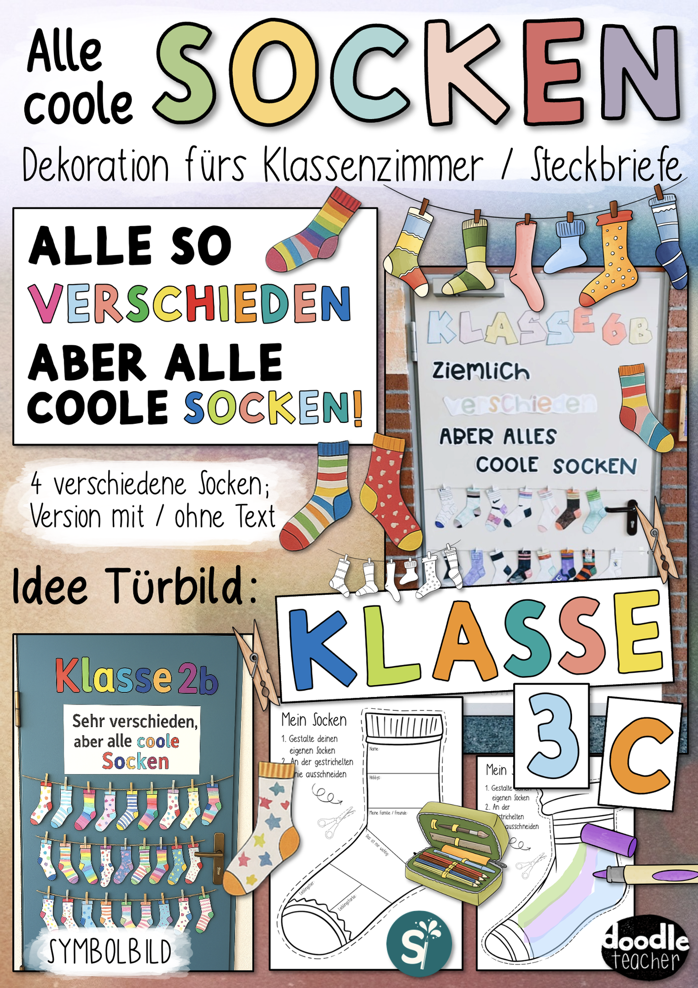Alle verschieden / coole Socken - Steckbriefe / Türbild / Dekoration ...