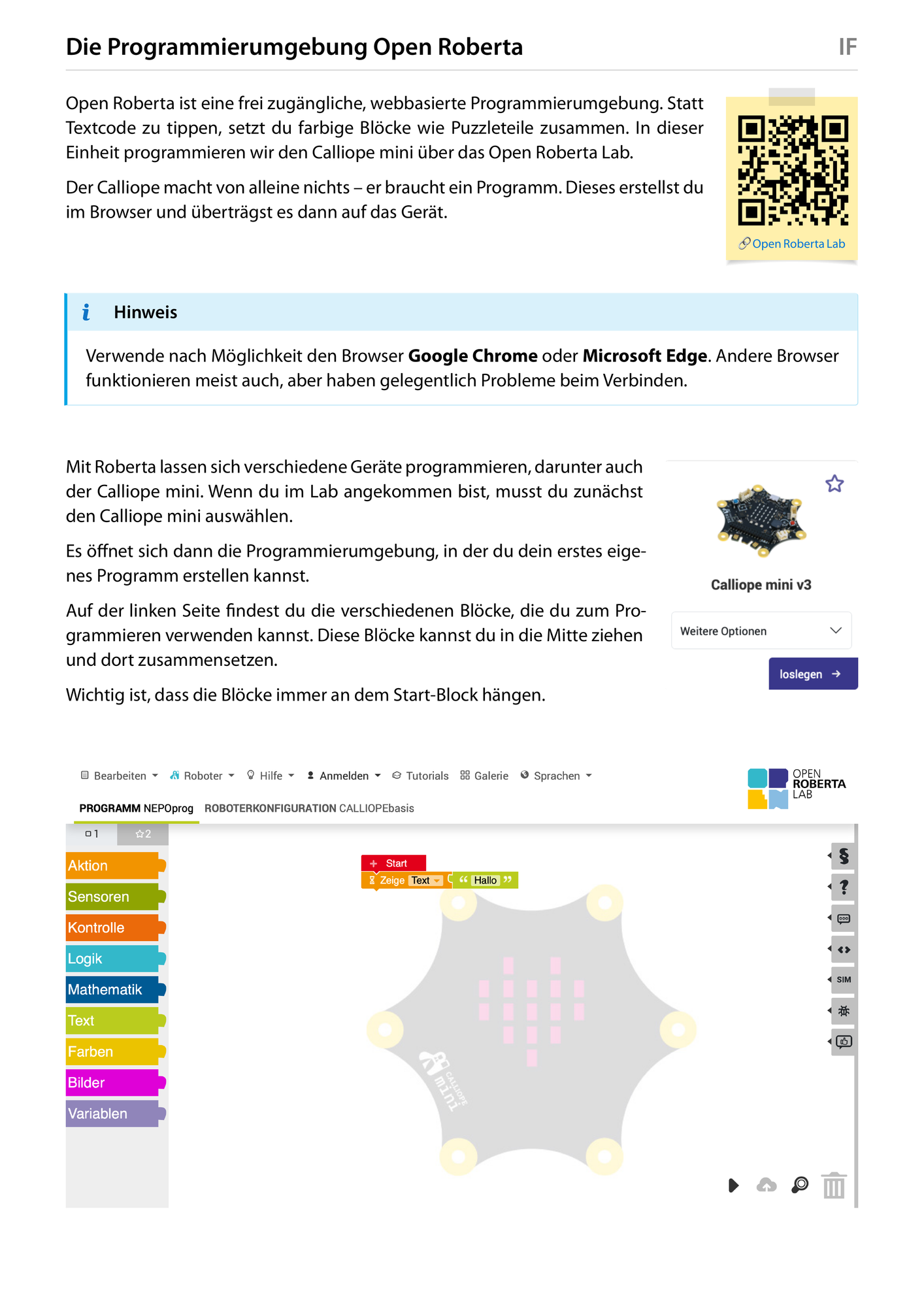 Einstieg mit dem Calliope Mini 3 und Open Roberta Lab – Unterrichtsmaterial im Fach Informatik & ITG