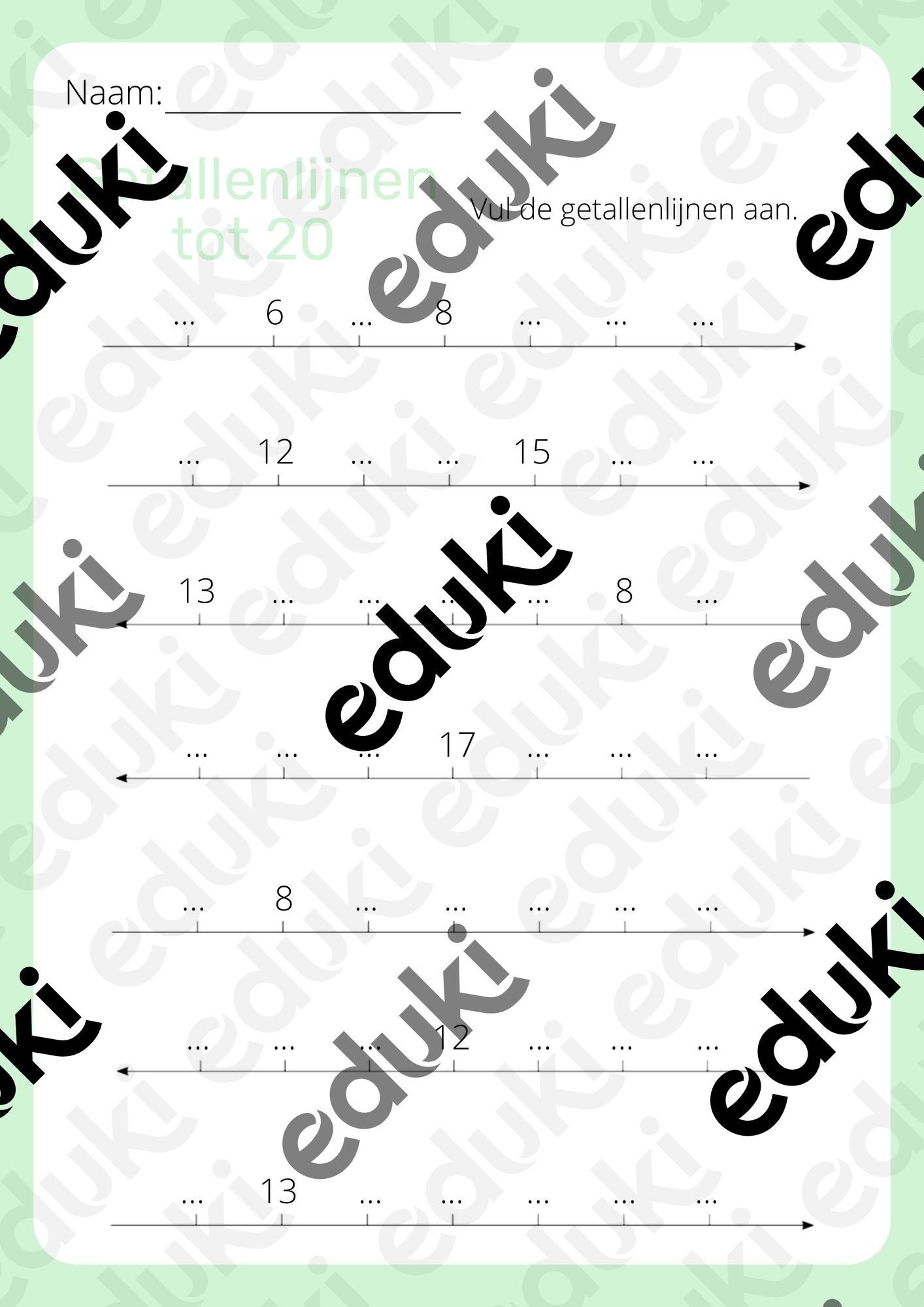 Getallenlijnen tot 20 - werkbladen - Lesmateriaal in het vak Wiskunde