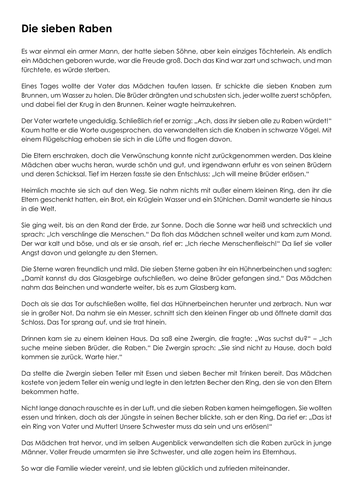 Die sieben Raben – Unterrichtsmaterial im Fach Deutsch