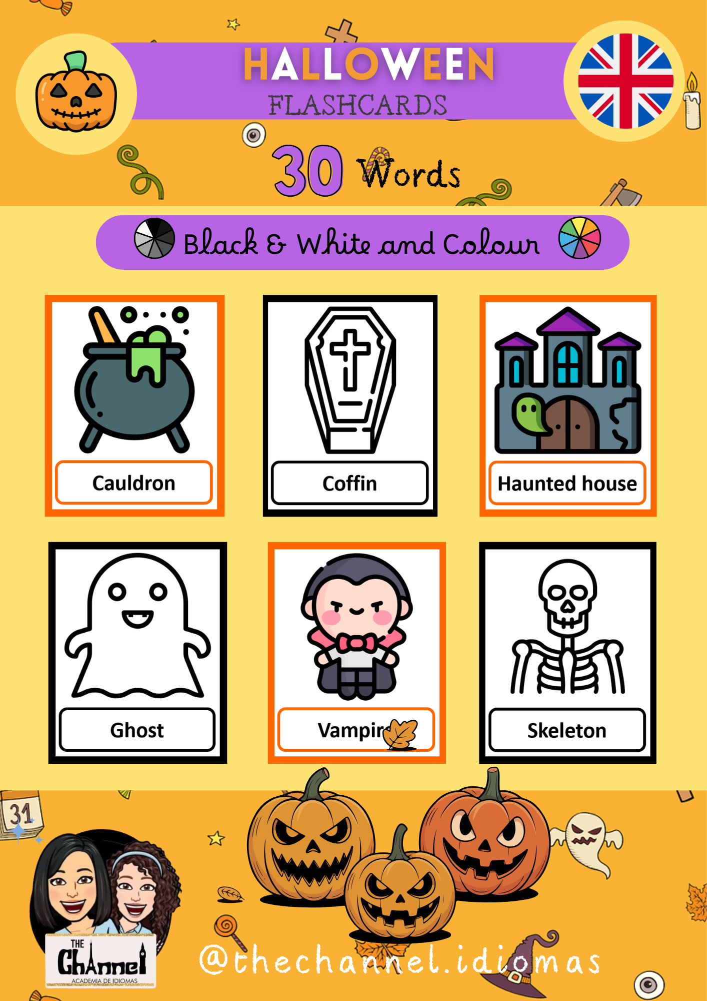 HALLOWEEN VOCABULARY – 30 Flashcards (Colour & B&W ...