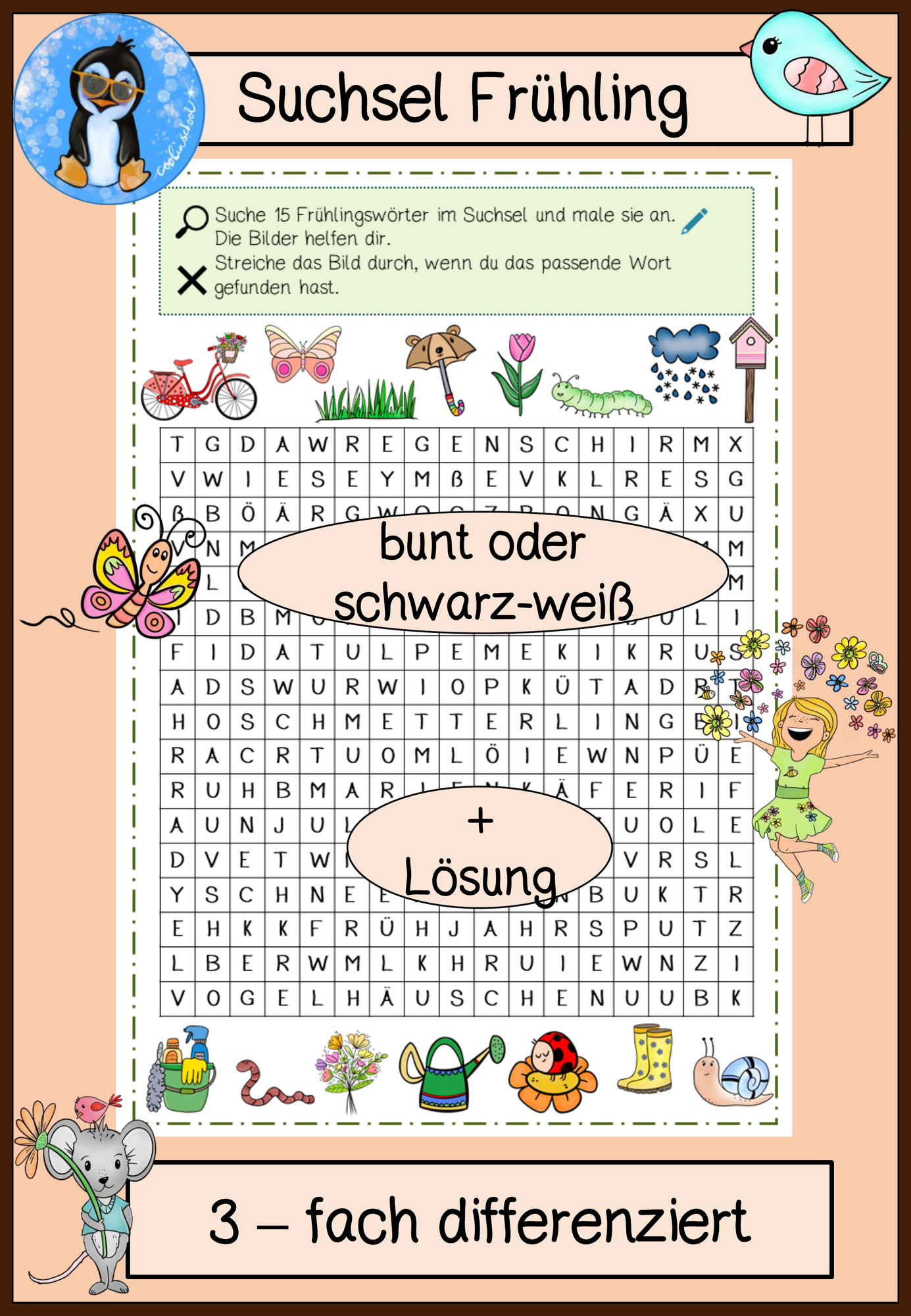 Frühling-Suchsel | 15 Frühlingswörter | Rätselspaß im Frühling | 3-fach ...