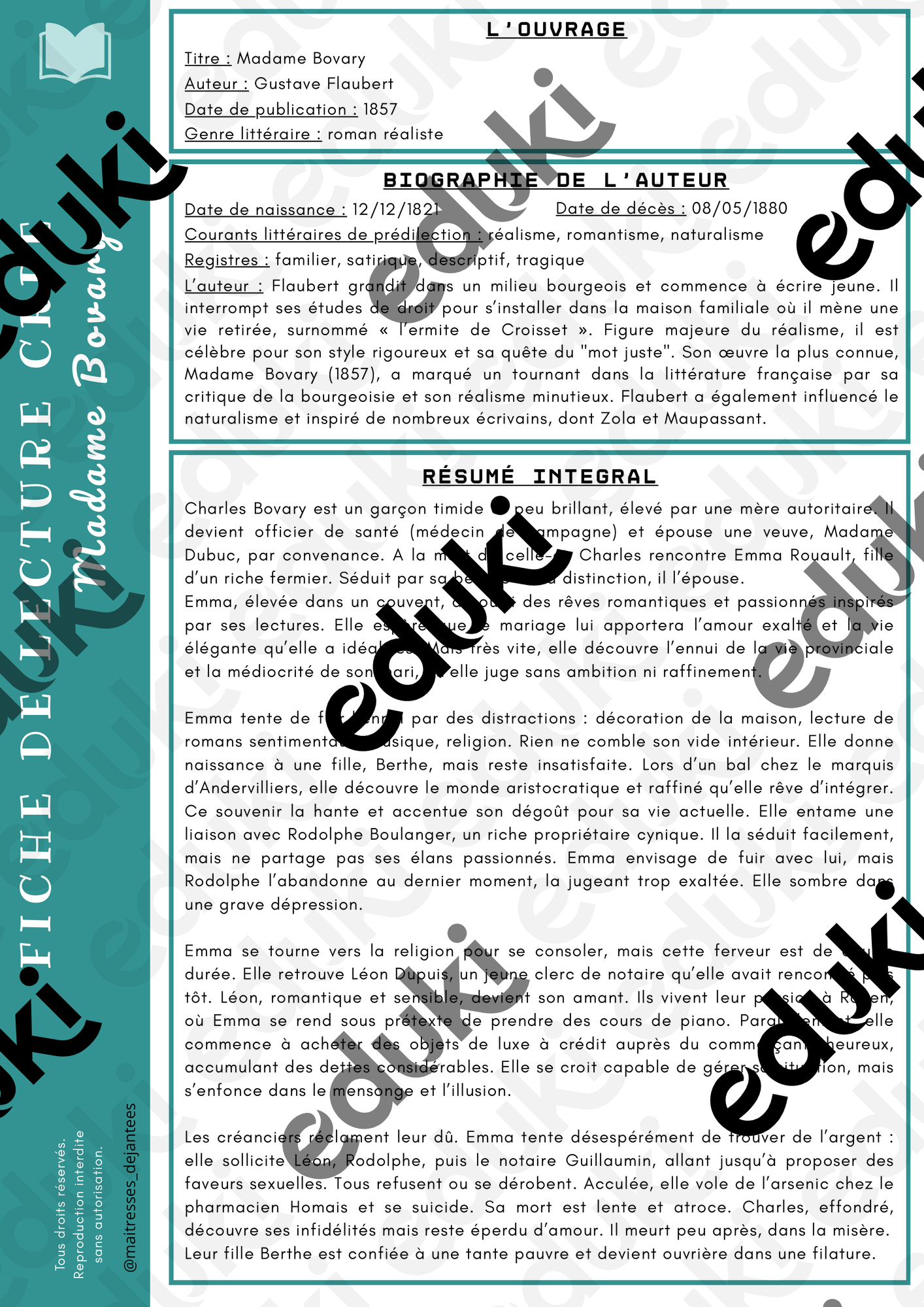 Fiche de lecture Madame Bovary - Ressource pédagogique pour ton cours ...