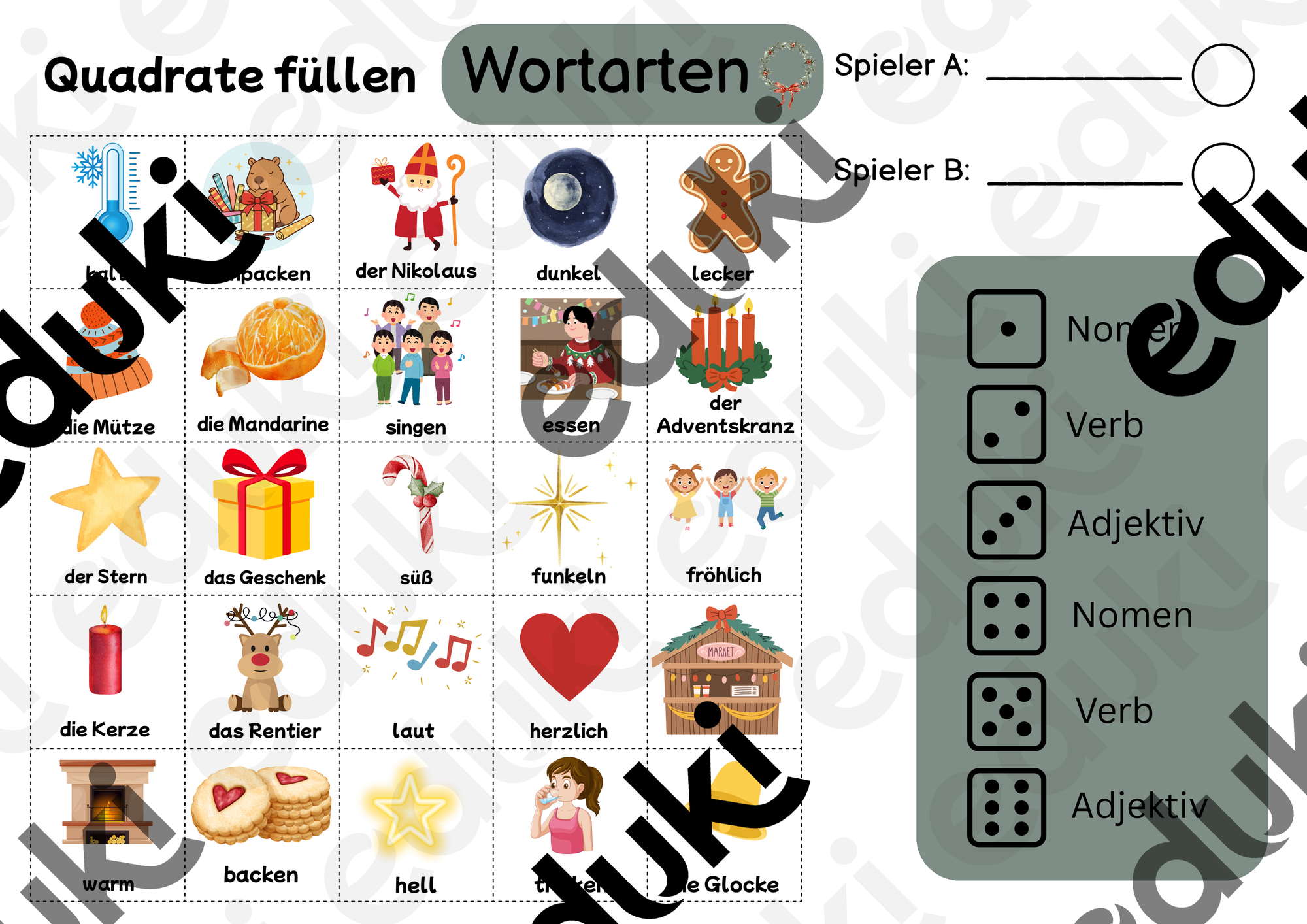 Quadrate füllen Wortarten Weihnachten Nomen Verben Adjektive ...