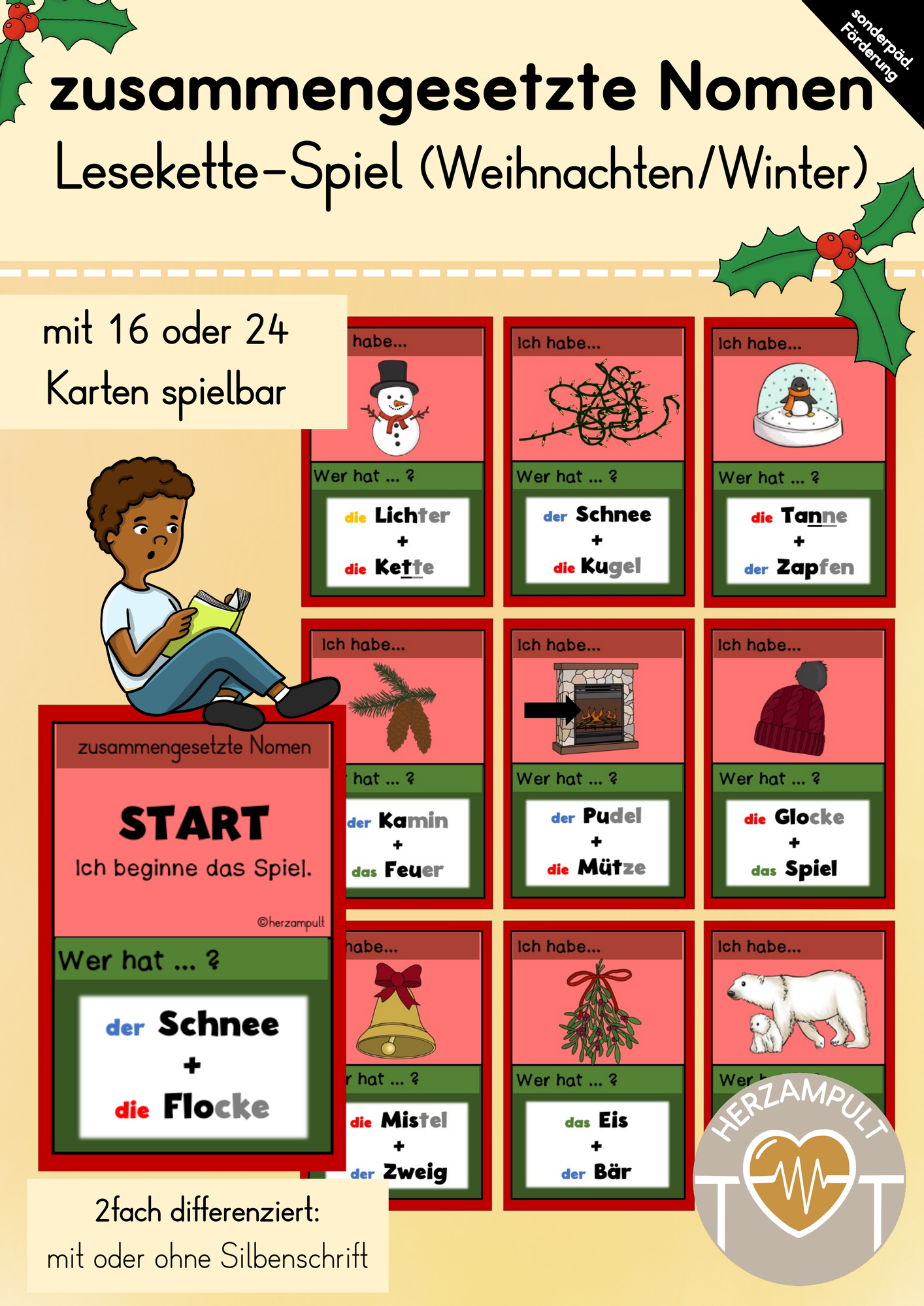 Lesekettespiel: zusammengesetzte Nomen (Weihnachten / Winter ...