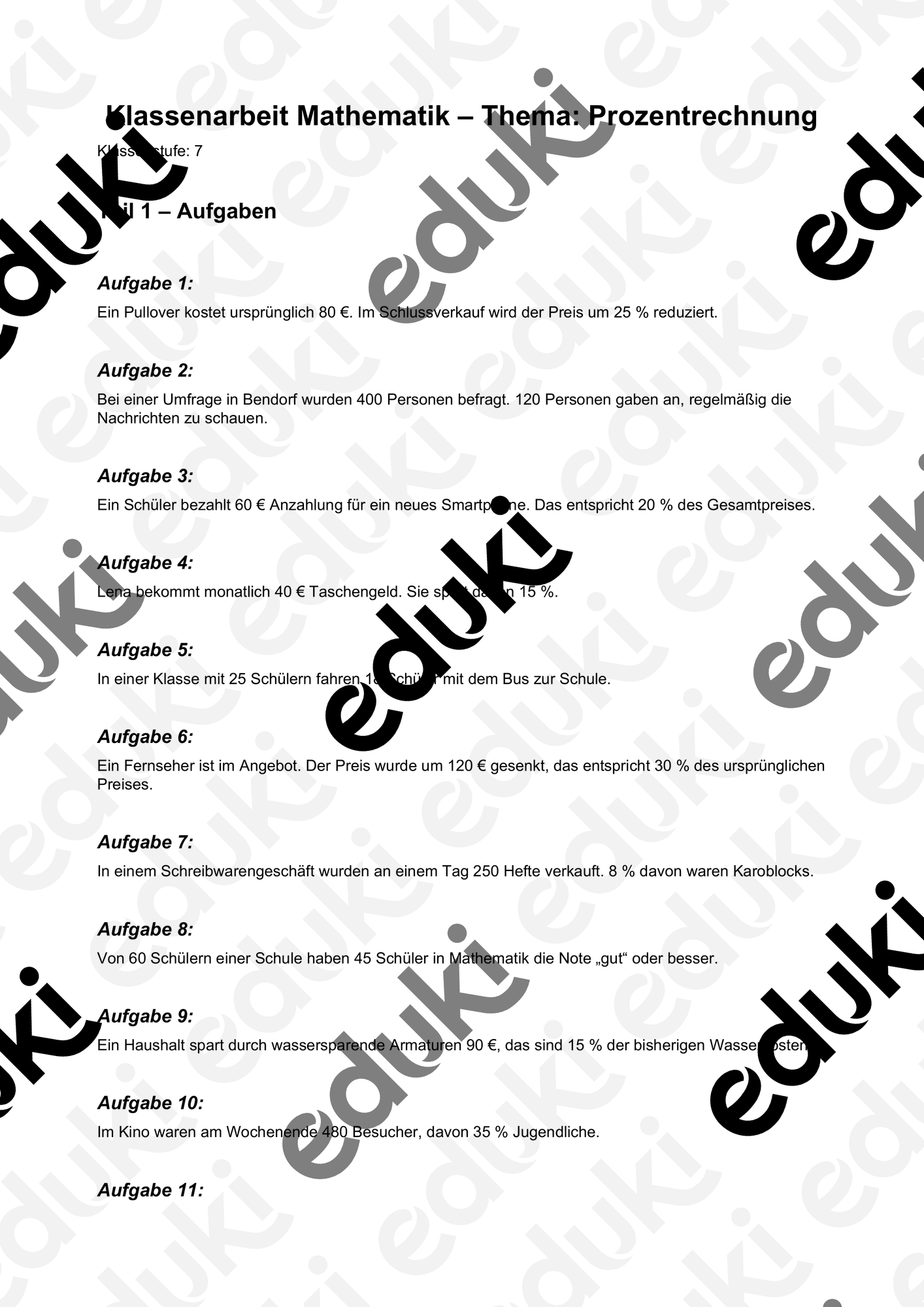 Klassenarbeit_Prozentrechnung_Klasse7 – Unterrichtsmaterial im Fach ...