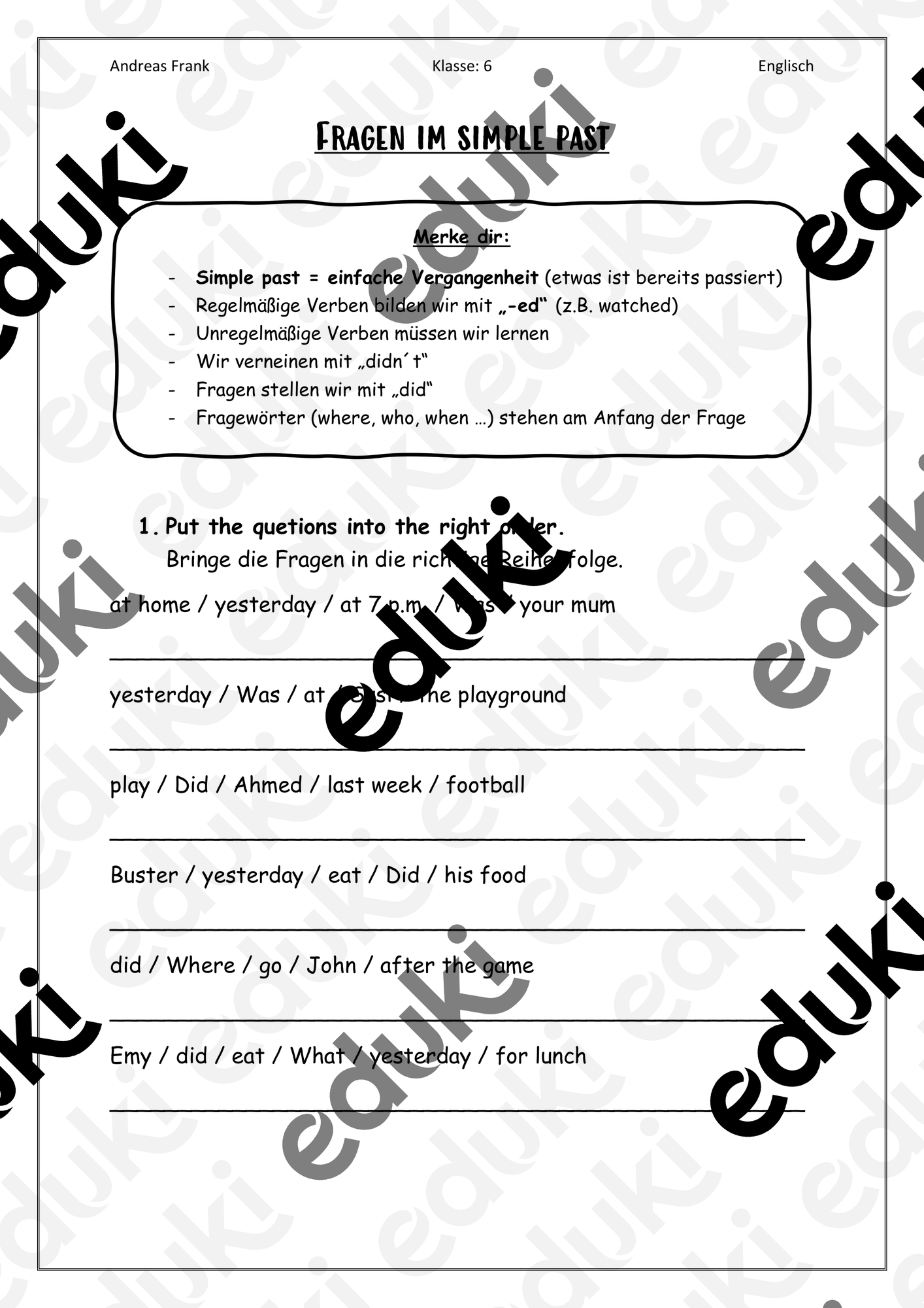 Fragen im simple past – Unterrichtsmaterial im Fach Englisch