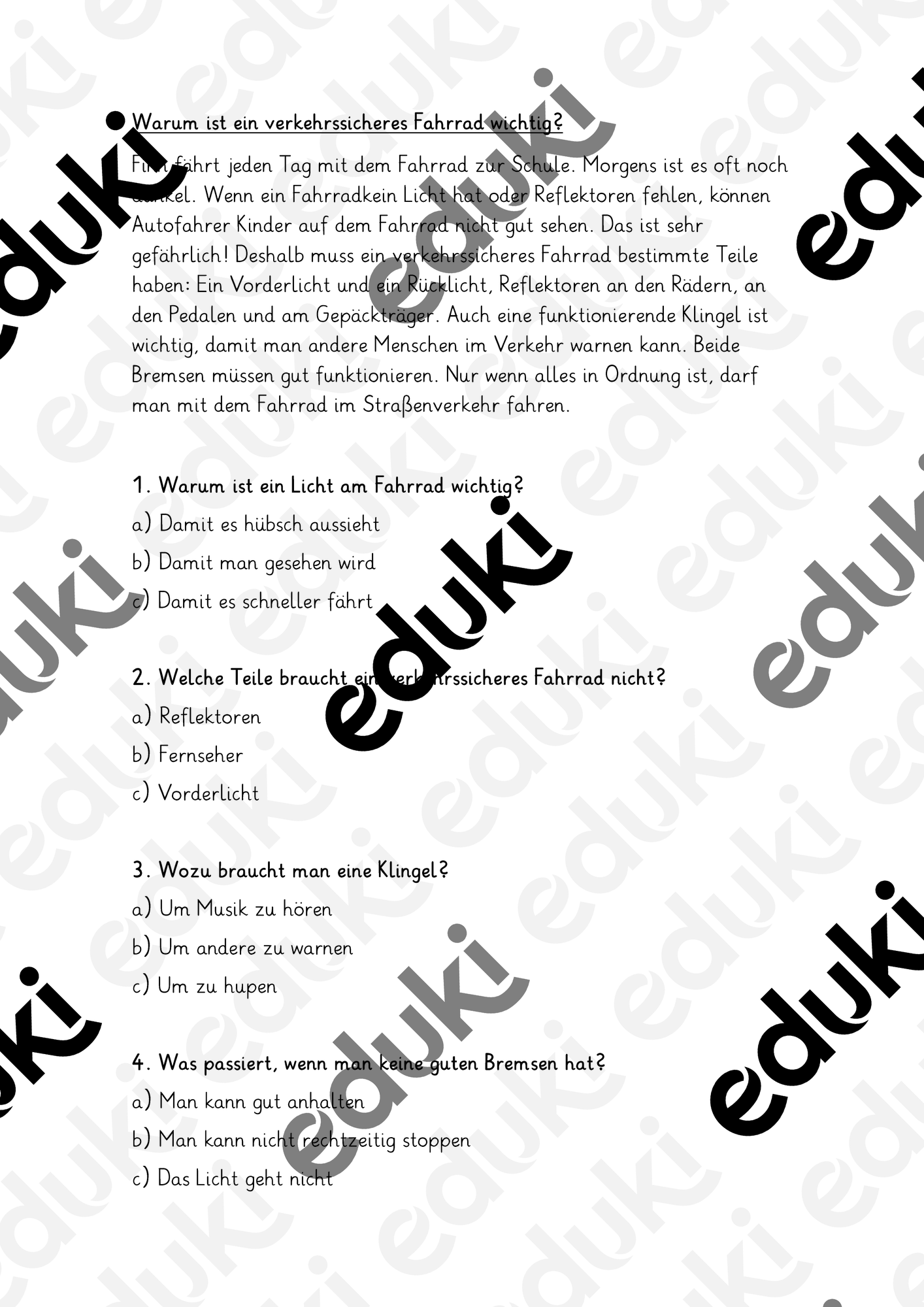 Lesetext+Fragen zum Verkehrssicheres Fahrrad – Unterrichtsmaterial im ...