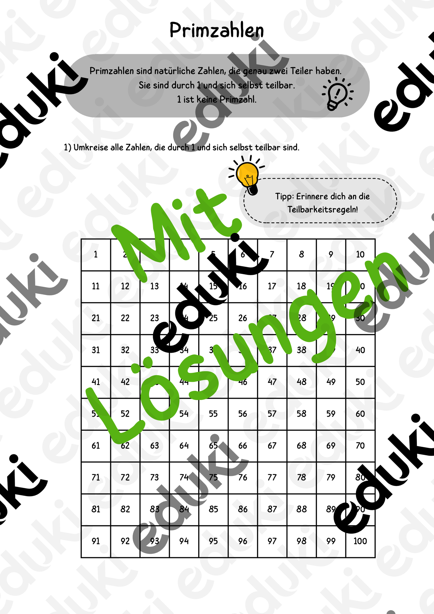 Primzahlen - Arbeitsblatt mit Lösungen – Unterrichtsmaterial im Fach Mathematik