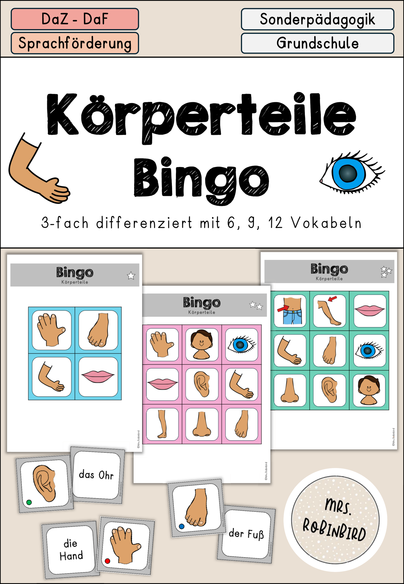 Körperteile - Körper Bingo 3-fach differenziert - DaZ DaF ...