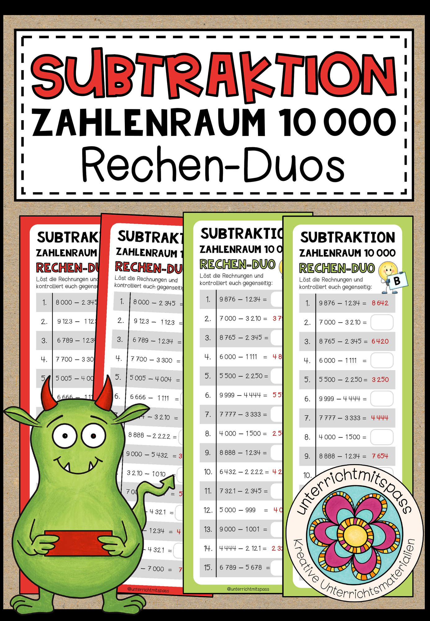 SUBTRAKTION (Zahlenraum 10 000) - 3 Rechen-Duos – Unterrichtsmaterial ...
