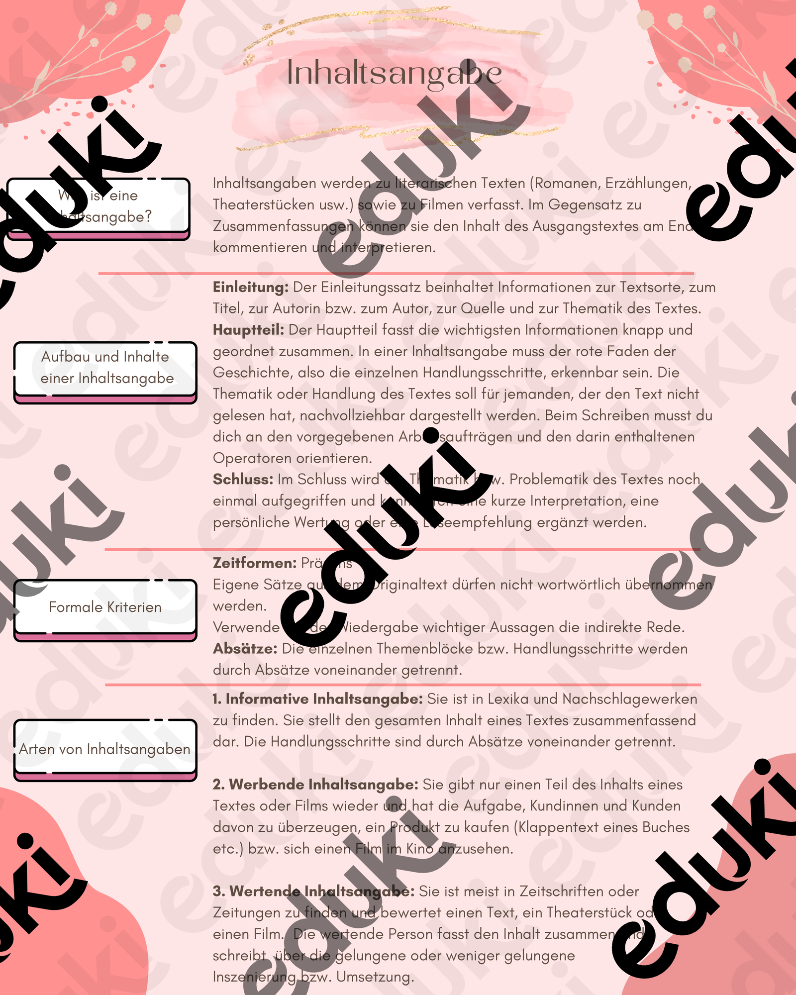 Handout Inhaltsangabe – Unterrichtsmaterial im Fach Deutsch